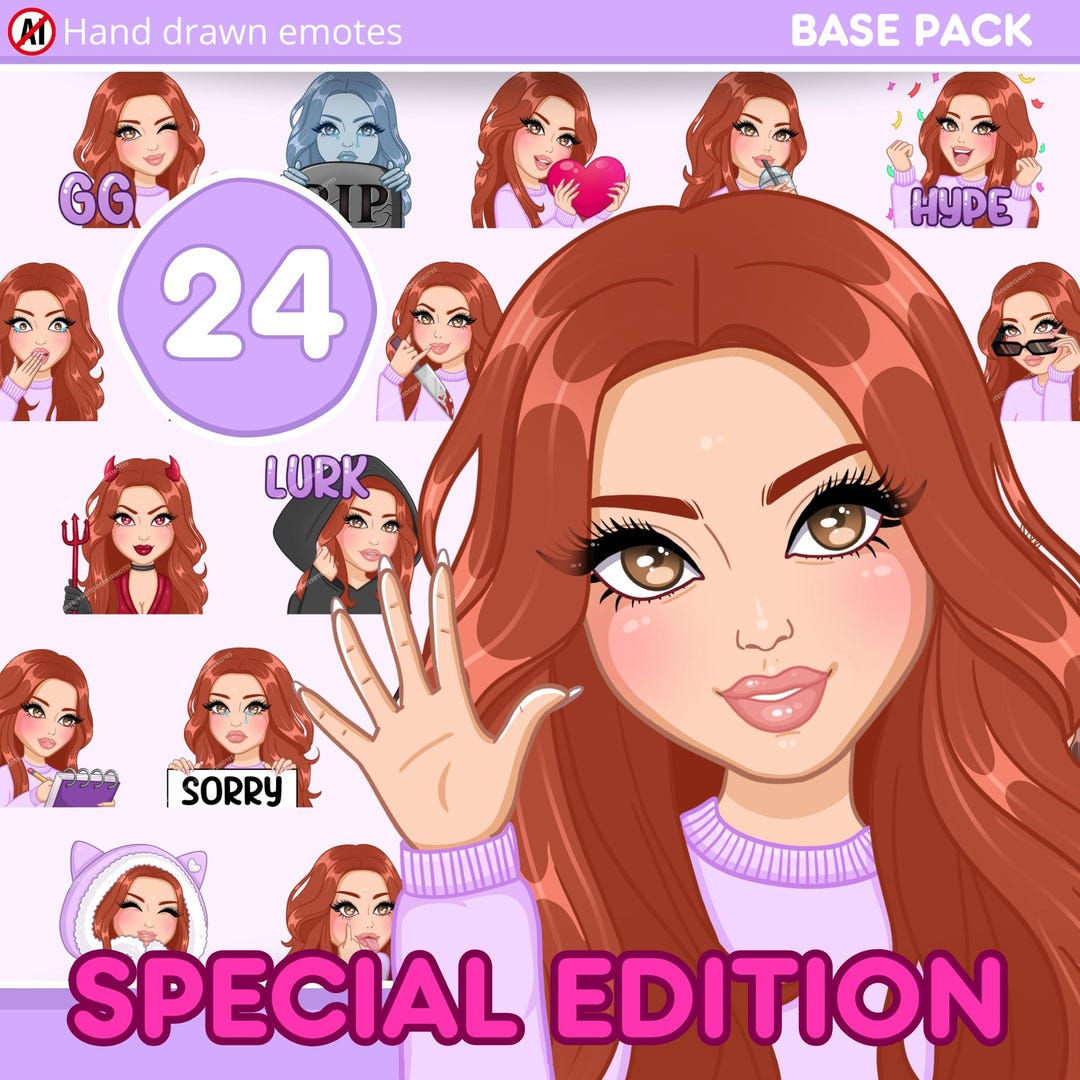 Redhead Girl Emotes, Pack 24pcs for Twitch, Discord, Youtube and Any ...
