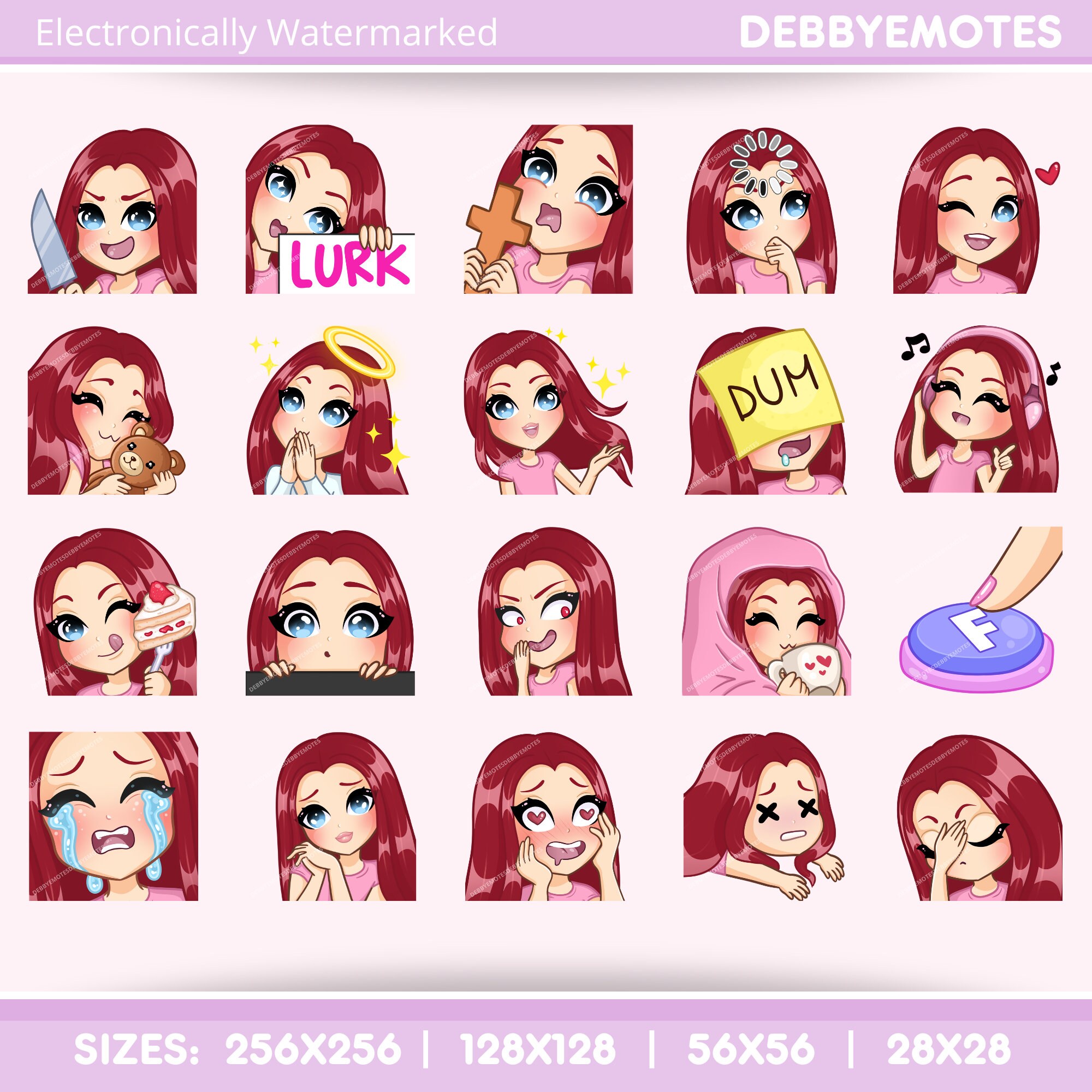 Red Hair Girl Emotes, Bundle 85pcs for Discord, Twitch, Tiktok and Any ...