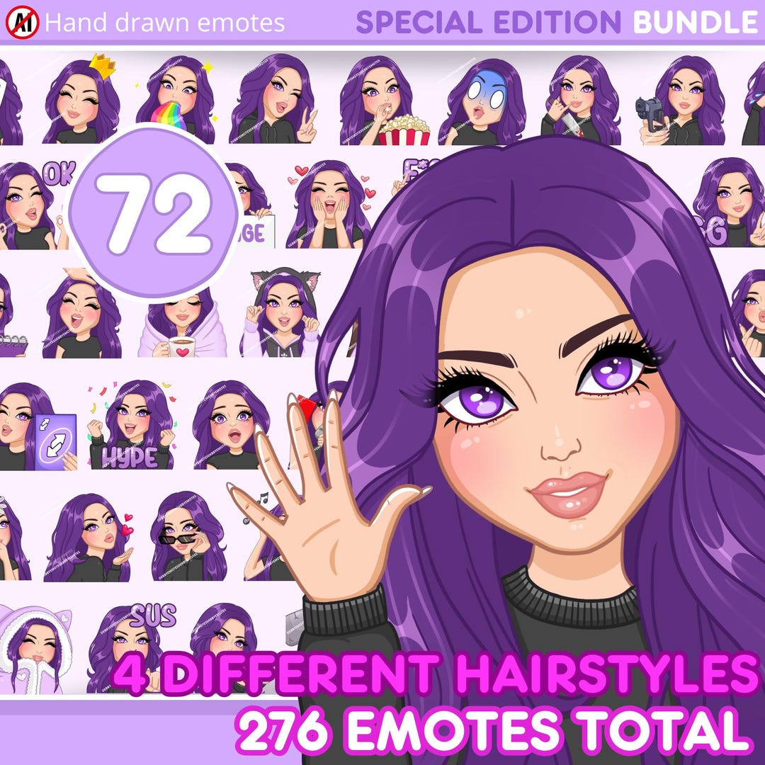 Purple Hair Emotes, Emotes Bundle 72pcs, Discord, Youtube and Any ...