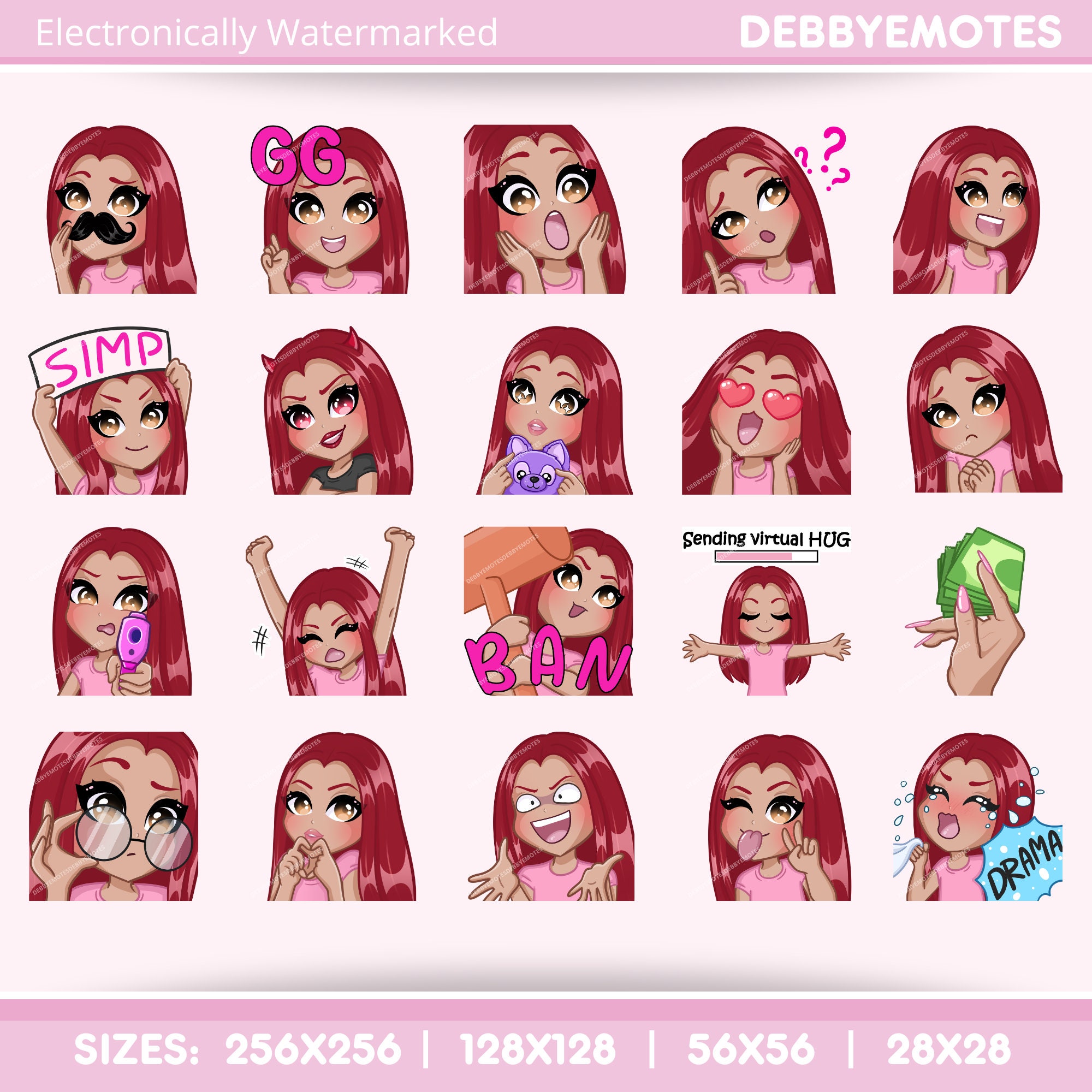 Twitch Emotes Red Hair, Girl Emotes Pack 20 Pcs for Discord and Any ...