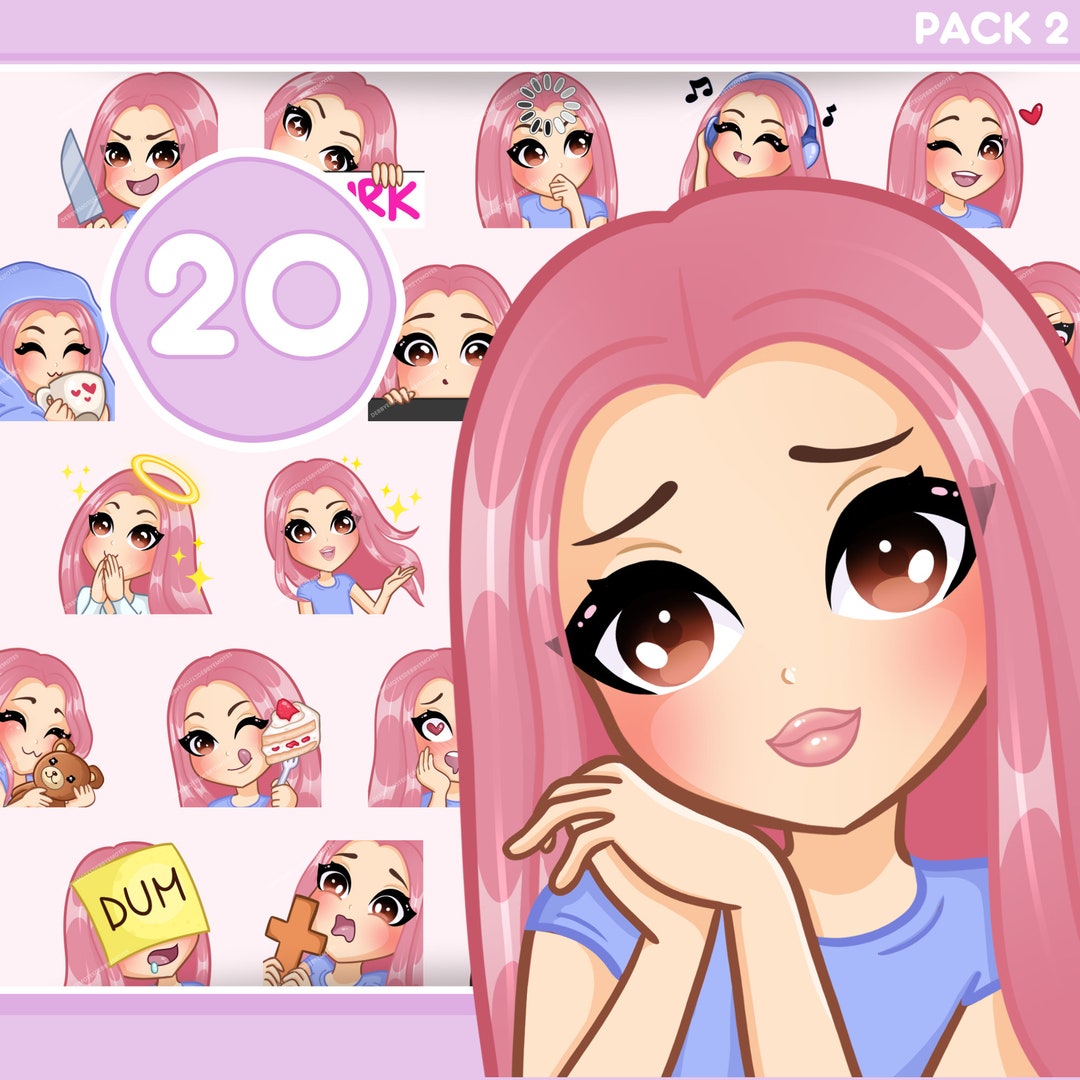 Pink Hair Girl Emotes, Bundle 20 Pcs for Twitch, Youtube, Kick and Any ...