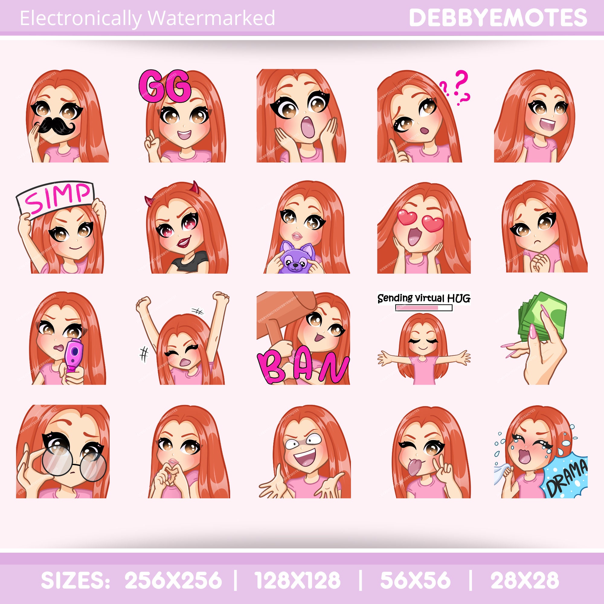 Red Girl Twitch Emotes, Pack 20 Pcs for Discord, Youtube, Kick and Any ...