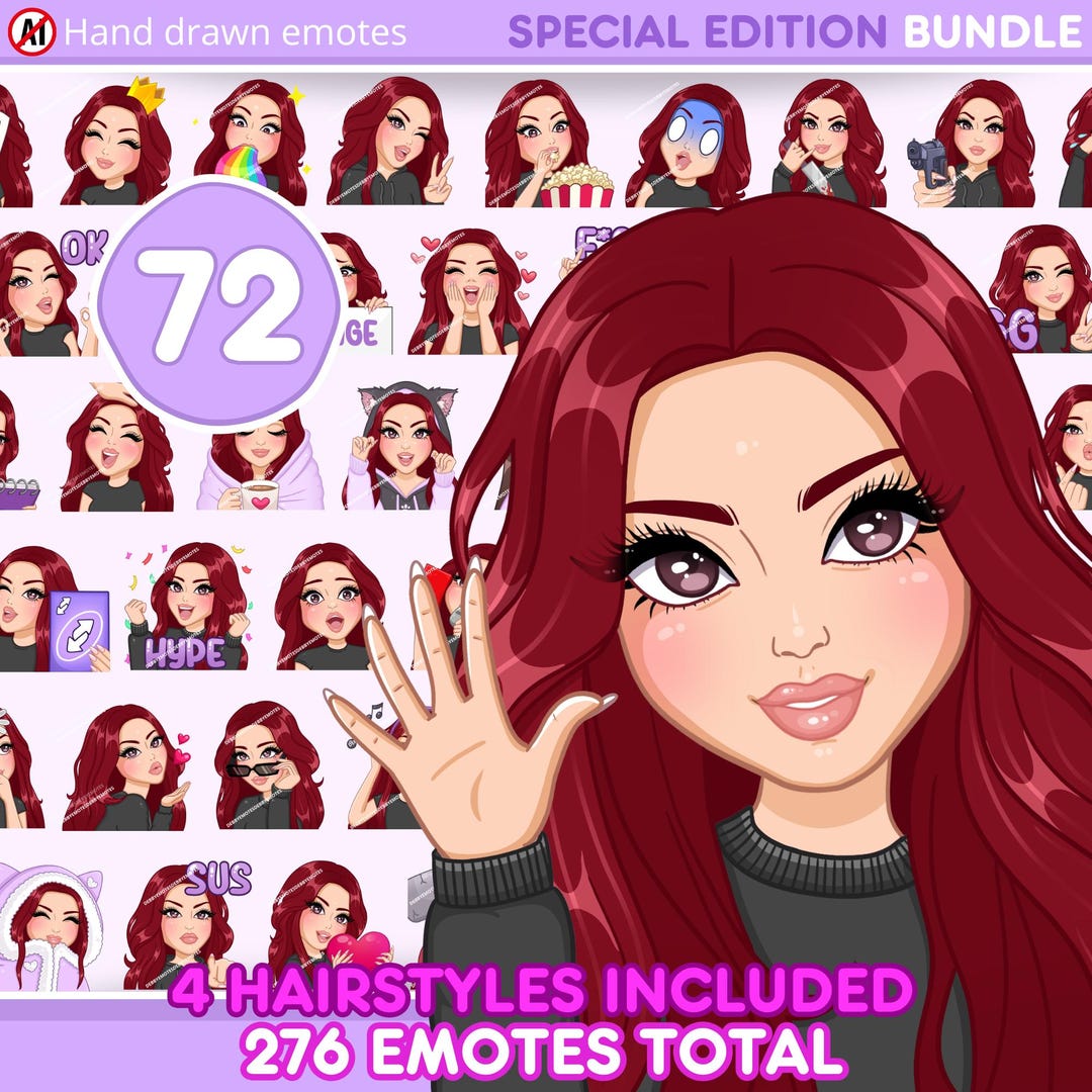 Red Hair Emotes, Twitch Girl Bundle 72pcs, Discord, Youtube and Any ...