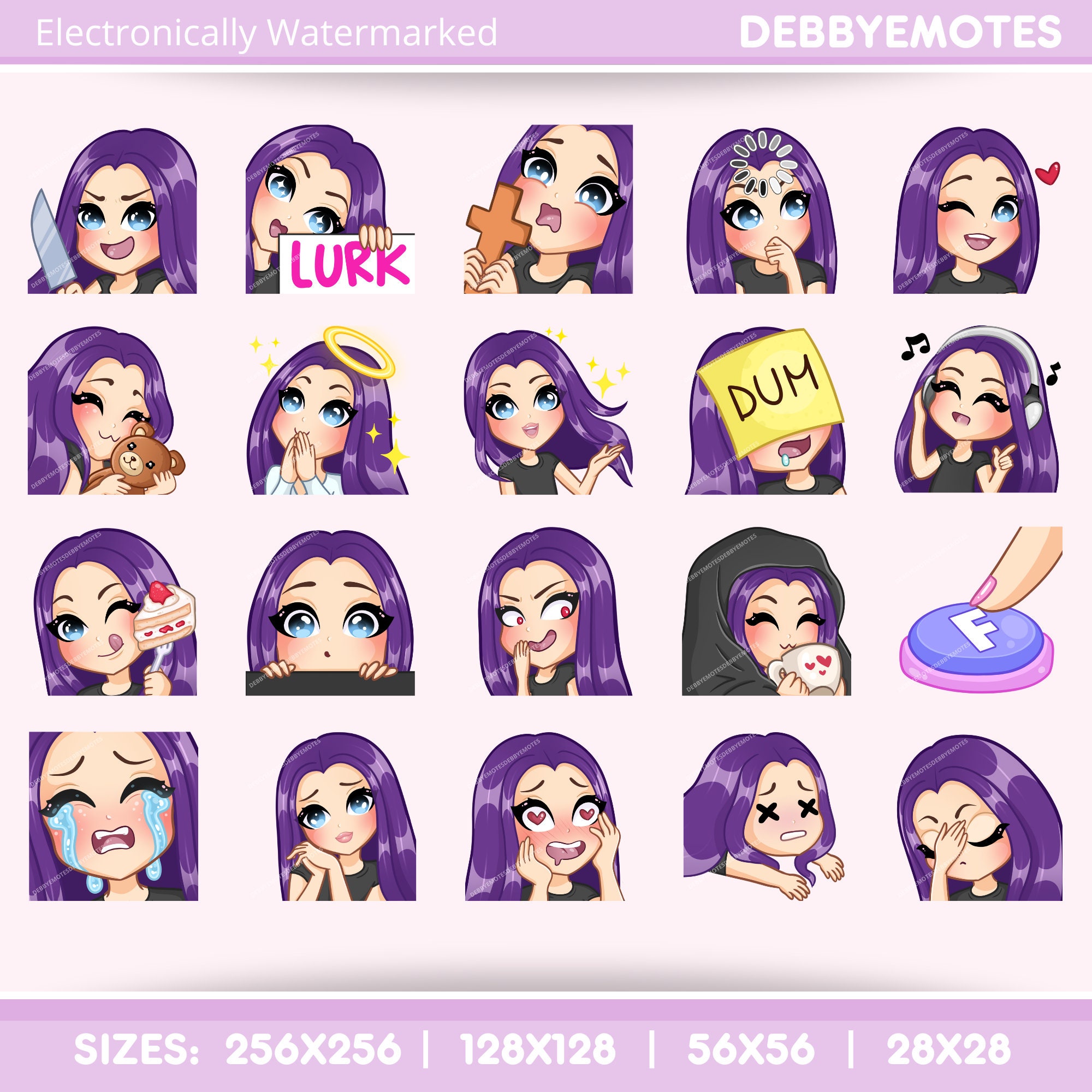 Purple Hair Girl Emotes, Chibi Streamer Pack for Twitch, Discord ...