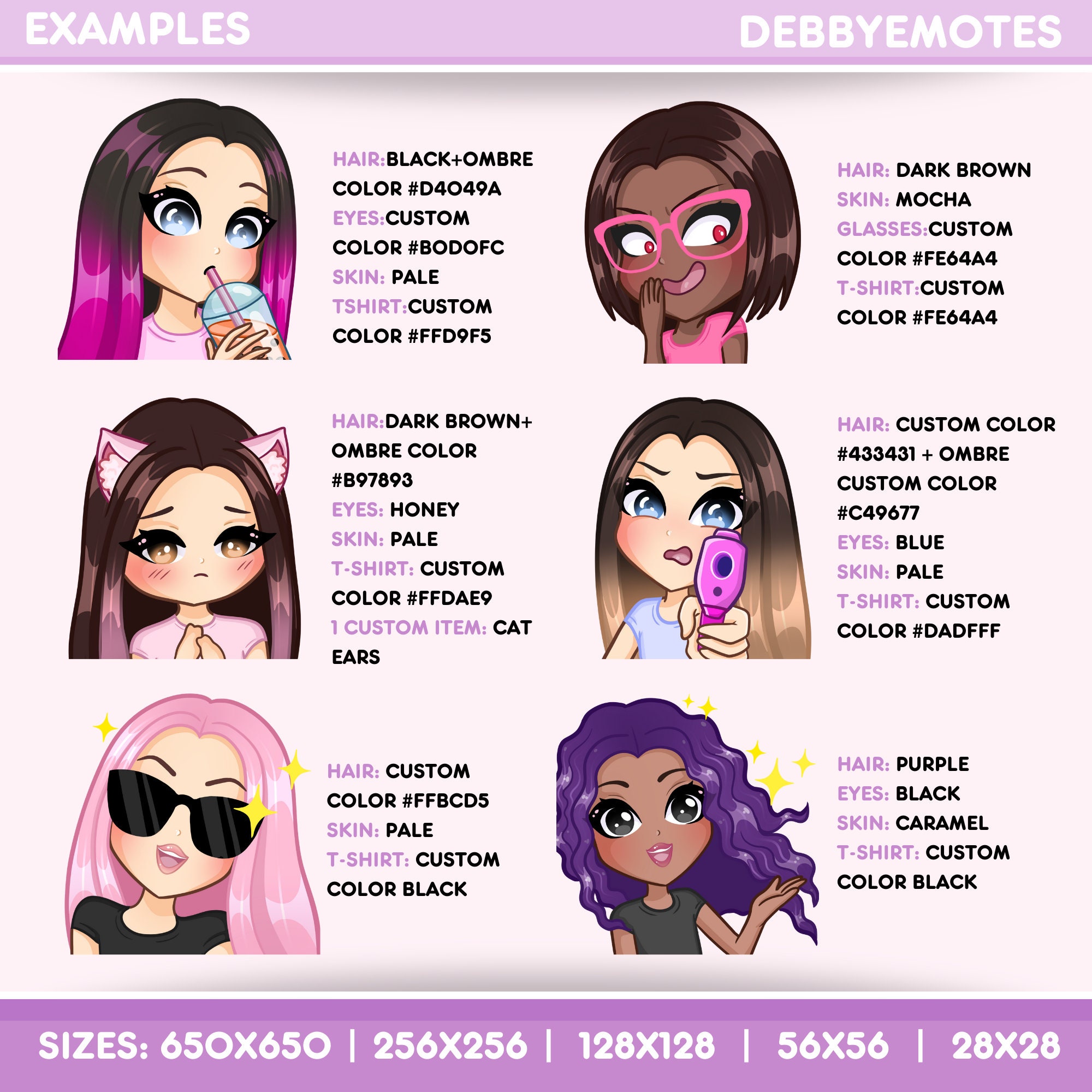 CUSTOM EMOTES, Custom Colors and Glasses, Girl Emotes for Twitch ...