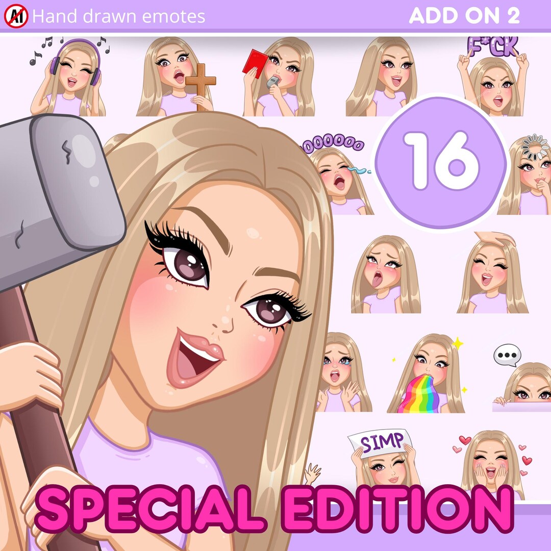 Blonde Girl Emotes, Pack 16pcs for Twitch, Discord, Youtube and Any ...