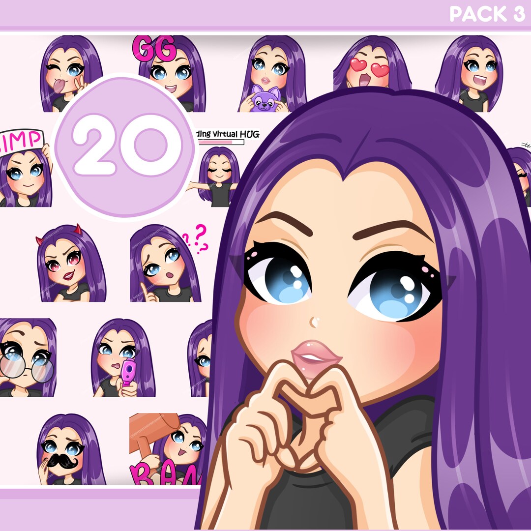 Girl Emotes Purple Hair, Bundle 20 for Discord, Twitch Youtube and Any ...