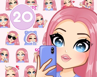 Chibi Girl Emote Bundle for Twitch, Discord and Youtube Pink Hair, Blue ...