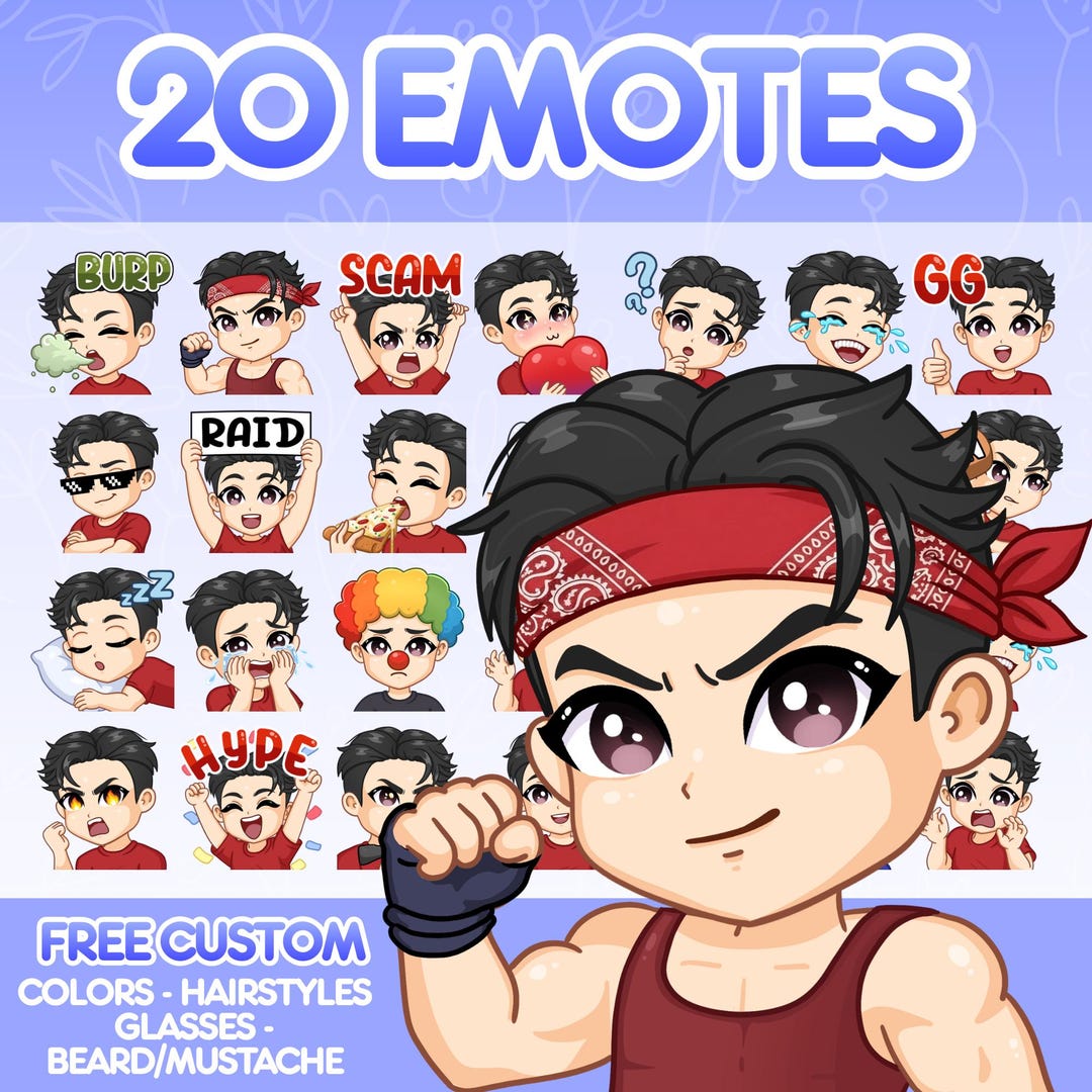 Male Emotes Pack | Cute Male Twitch Emotes | 20 Custom Chibi Stream ...