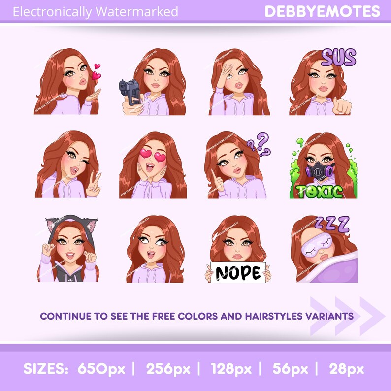 Redhead Girl Emotes, Pack 12pcs for Twitch, Discord, Youtube and Any ...