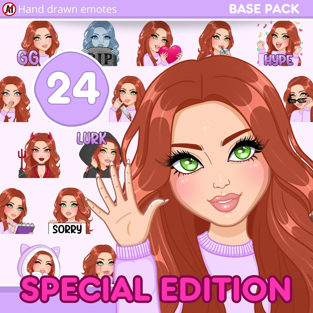 Red Hair Girl Emotes, Pack 24pcs for Twitch, Discord, Youtube and Any ...
