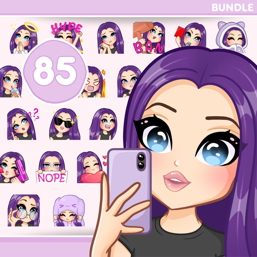 Purple Hair Girl Emotes, Chibi Streamer Pack for Twitch, Discord ...