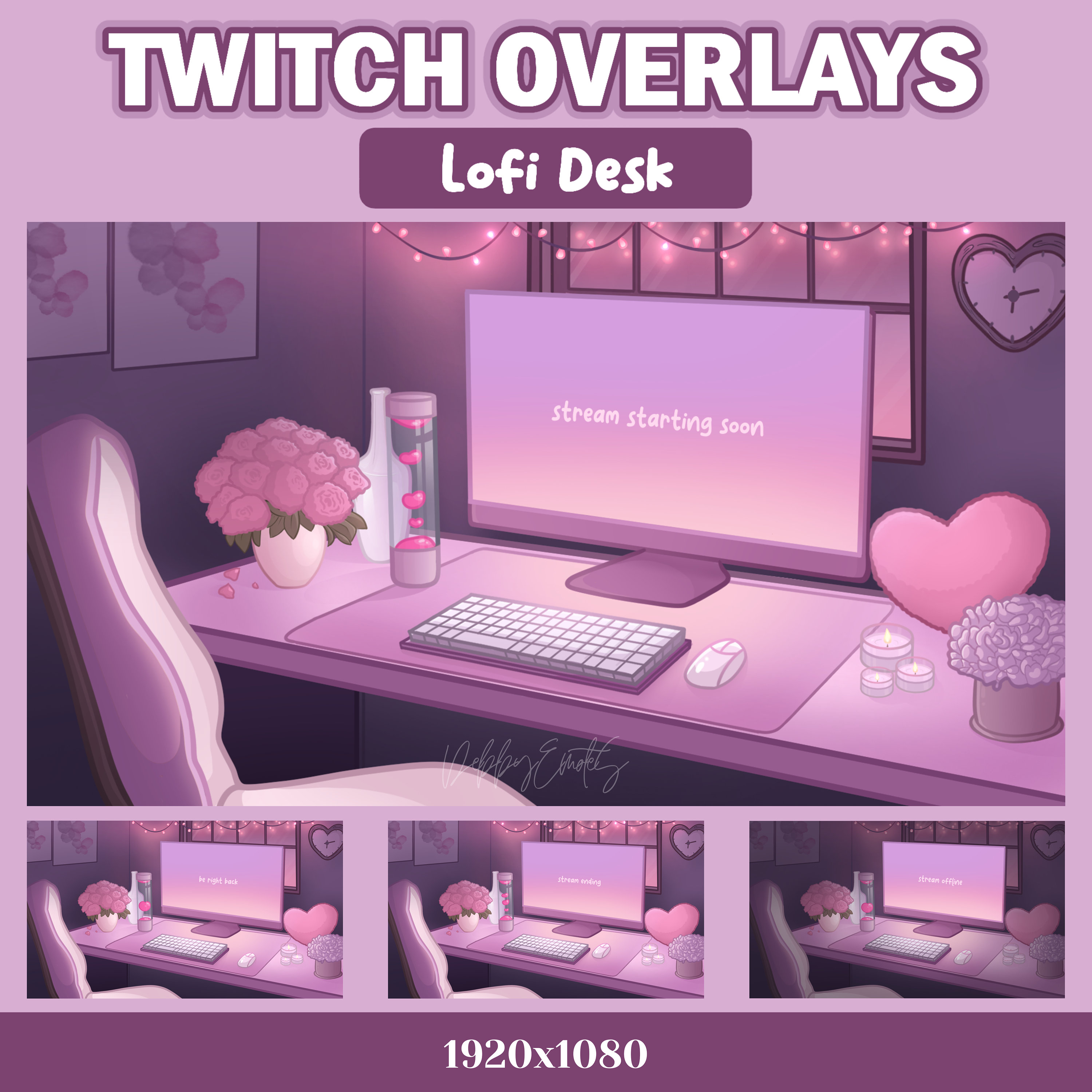 Animated Lofi Desk Twitch Overlays, Pink and Violet Stream Scenes (MP4 ...