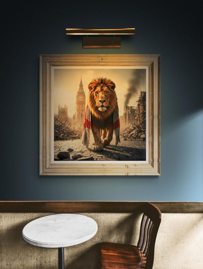Majestic Lion Art Print: Post-apocalyptic London, British Flag (digital ...