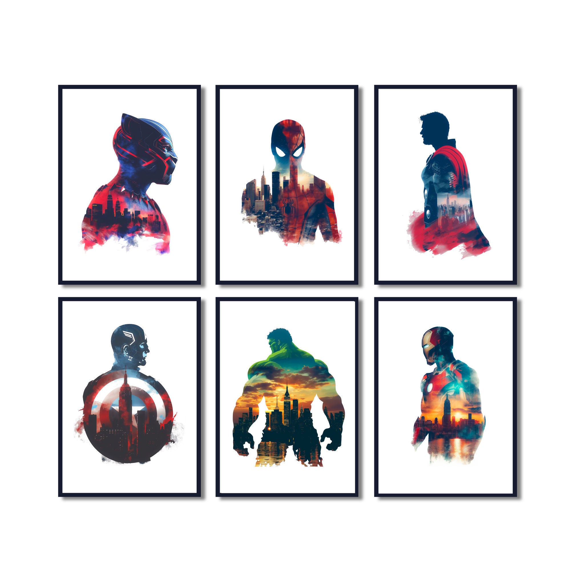 Superhero Silhouette Set of 6,superhero Poster Set,cityscape Style ...