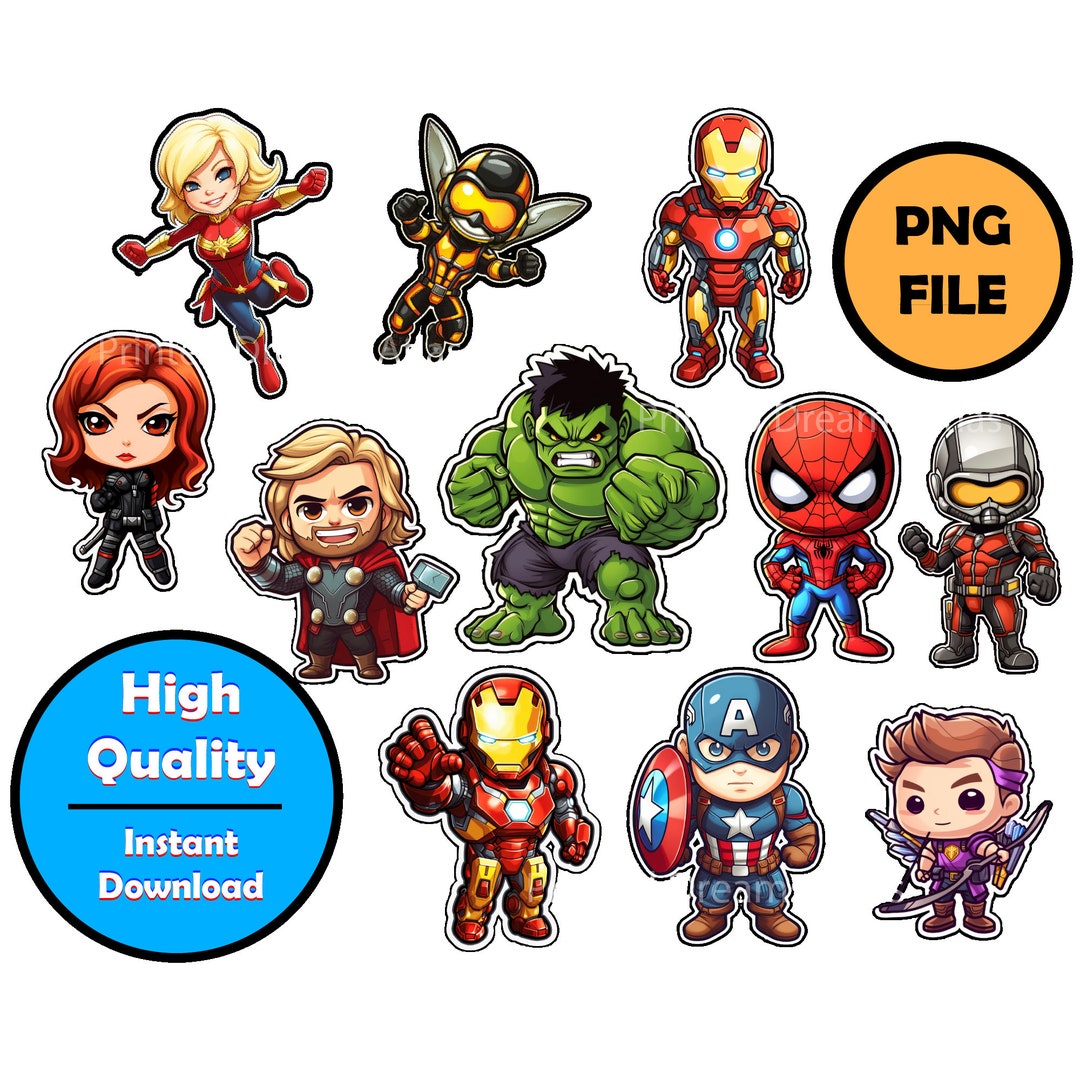 Instant Download Cute Avengers Cartoon PNG Set, Cake Topper, Party ...