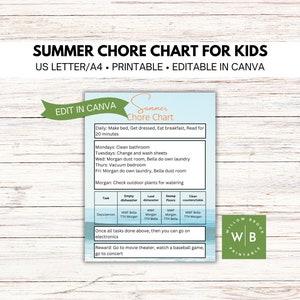 Summer Chore Chart for Kids, Editable in Canva, Printable Teen Chore ...