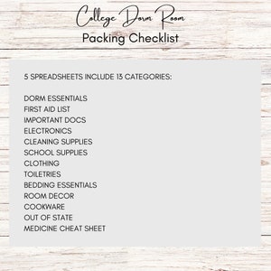 College Freshman Dorm Room Packing List, Printable Checklist, Excel ...