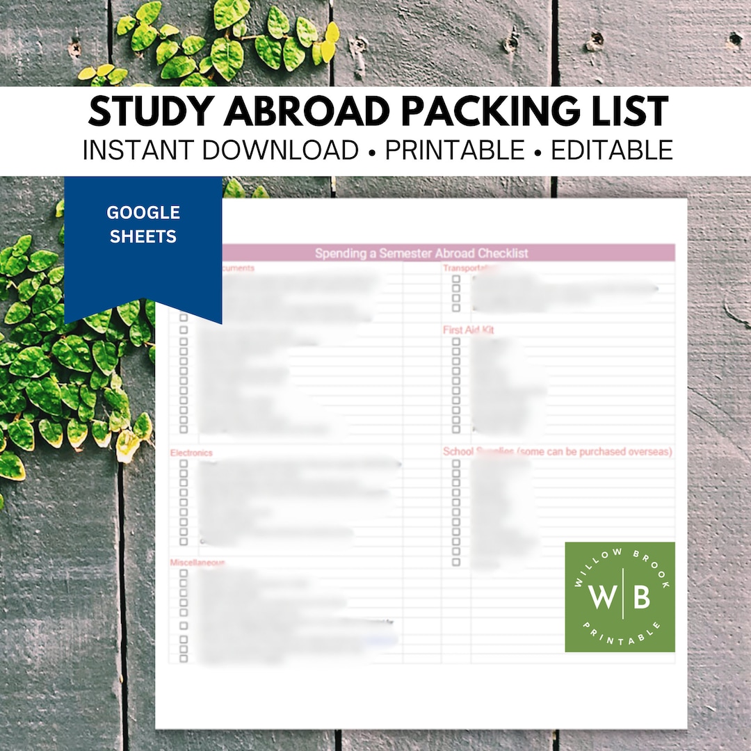 College Study Abroad Packing List, Editable in Google Sheets ...
