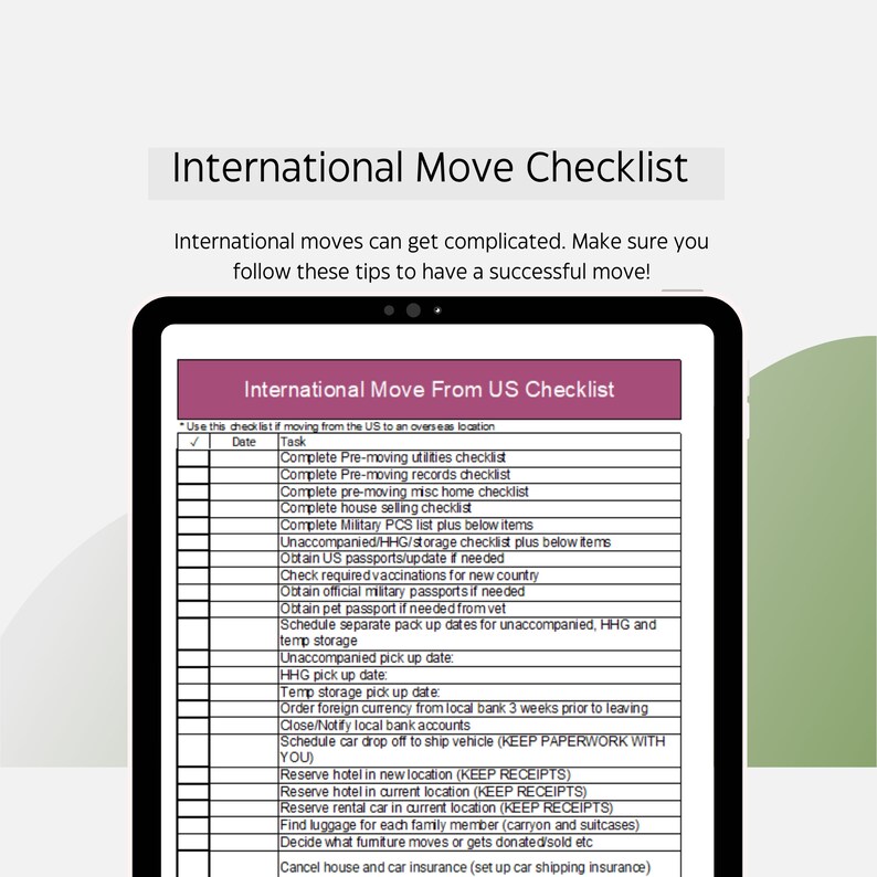 US & International PCS Moving Checklist Planner, MS Excel, Relocation ...