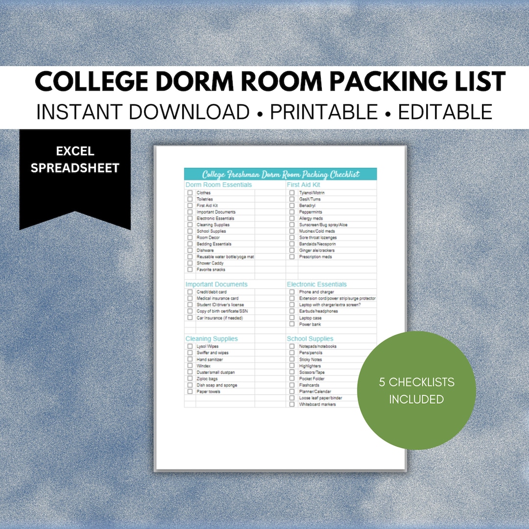 College Freshman Dorm Room Packing List, Printable Checklist, Excel ...