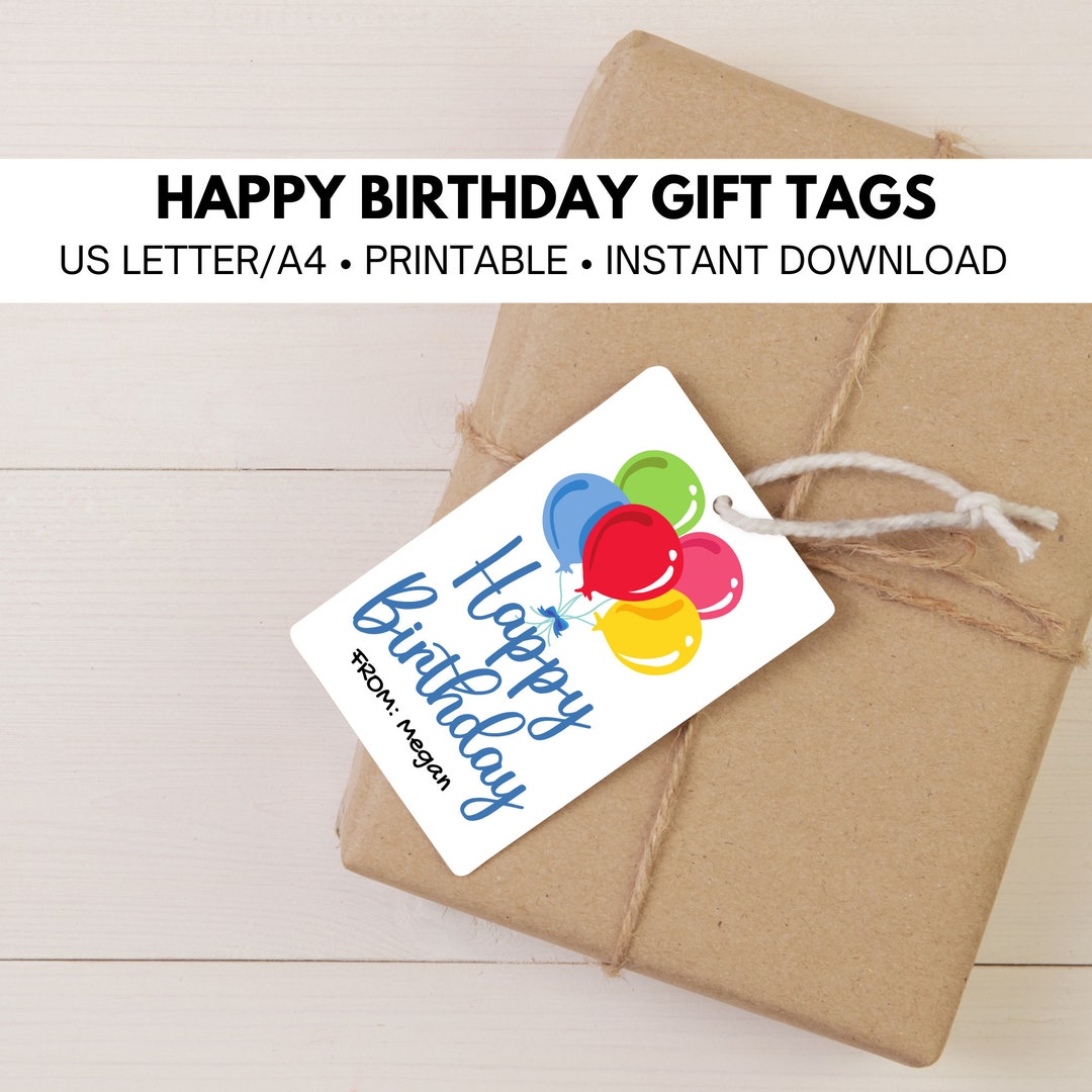Rainbow Balloons Happy Birthday Tag, Printable Canva Gift Tags ...