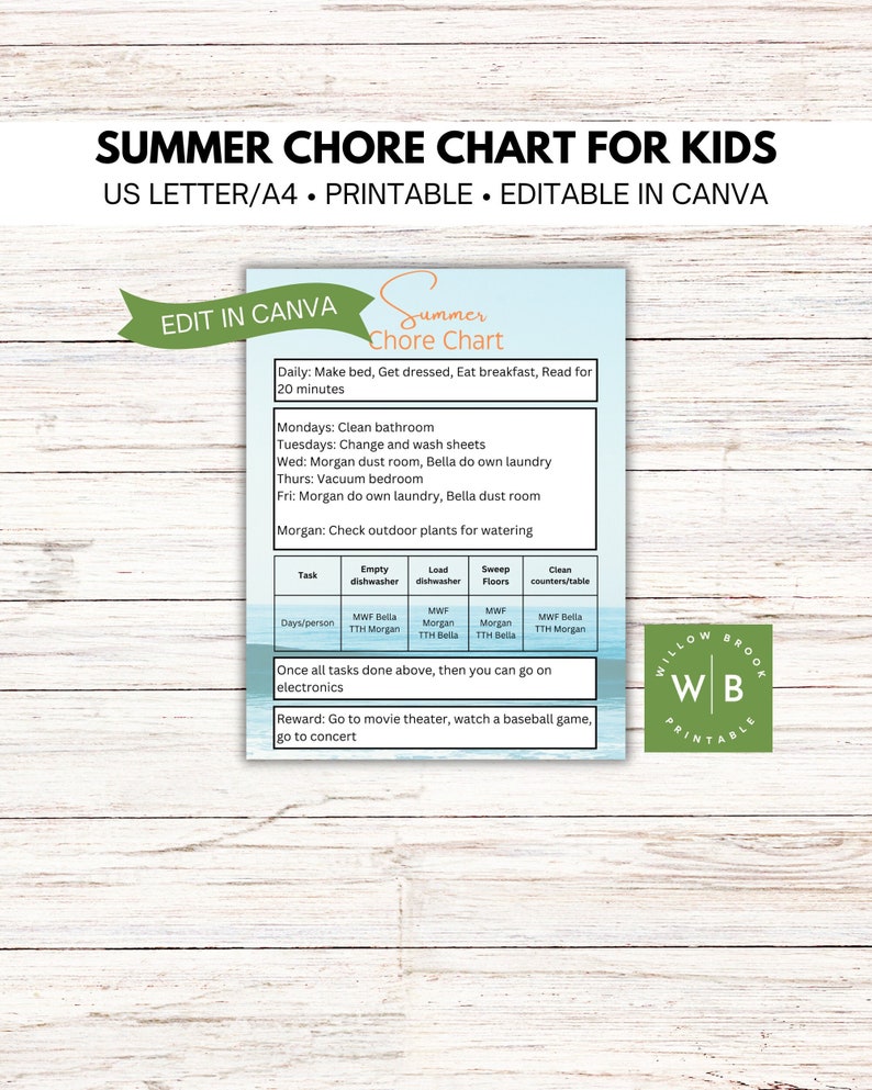 Summer Chore Chart for Kids, Editable in Canva, Printable Teen Chore ...
