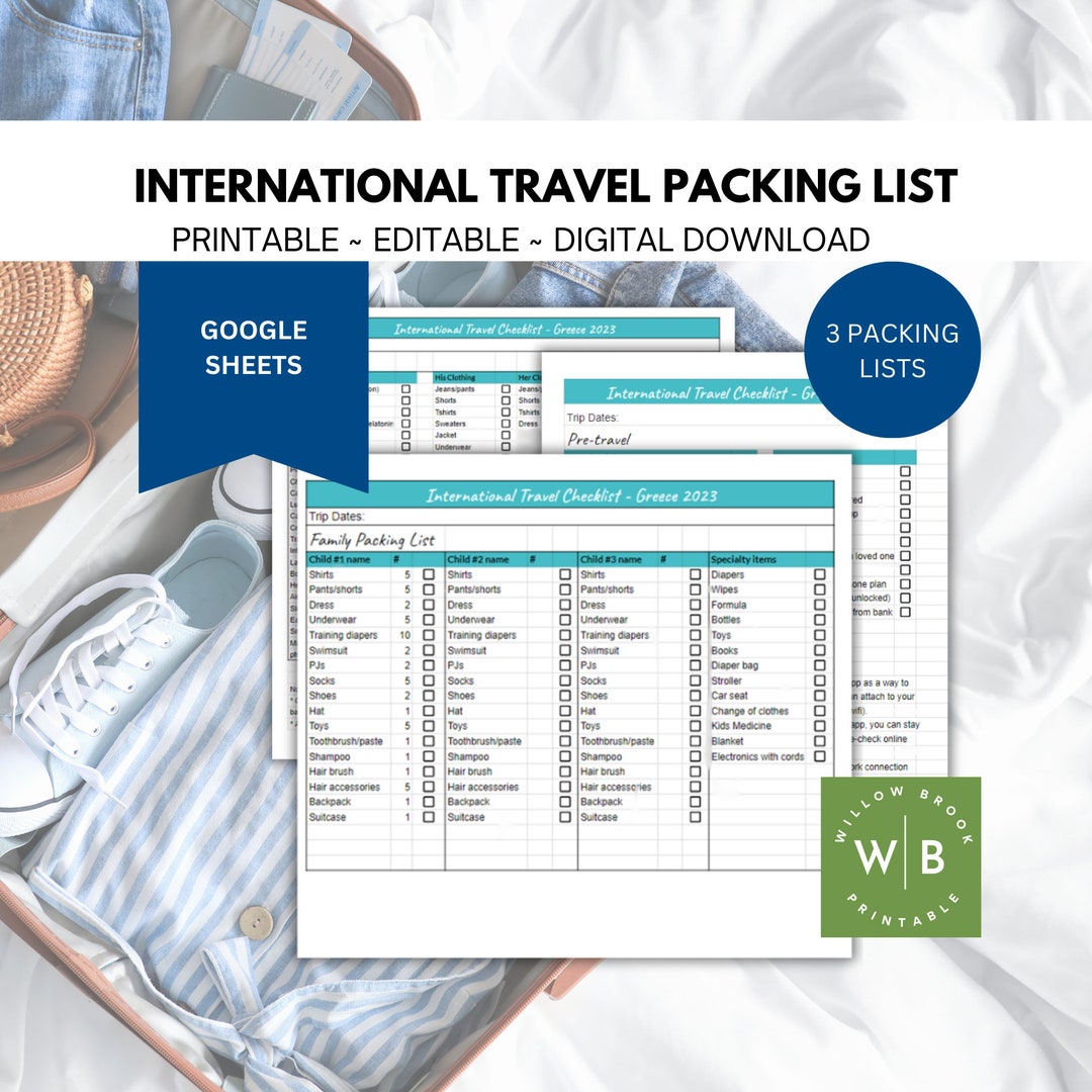 International Packing List, Google Sheets, Editable Packing Checklist ...
