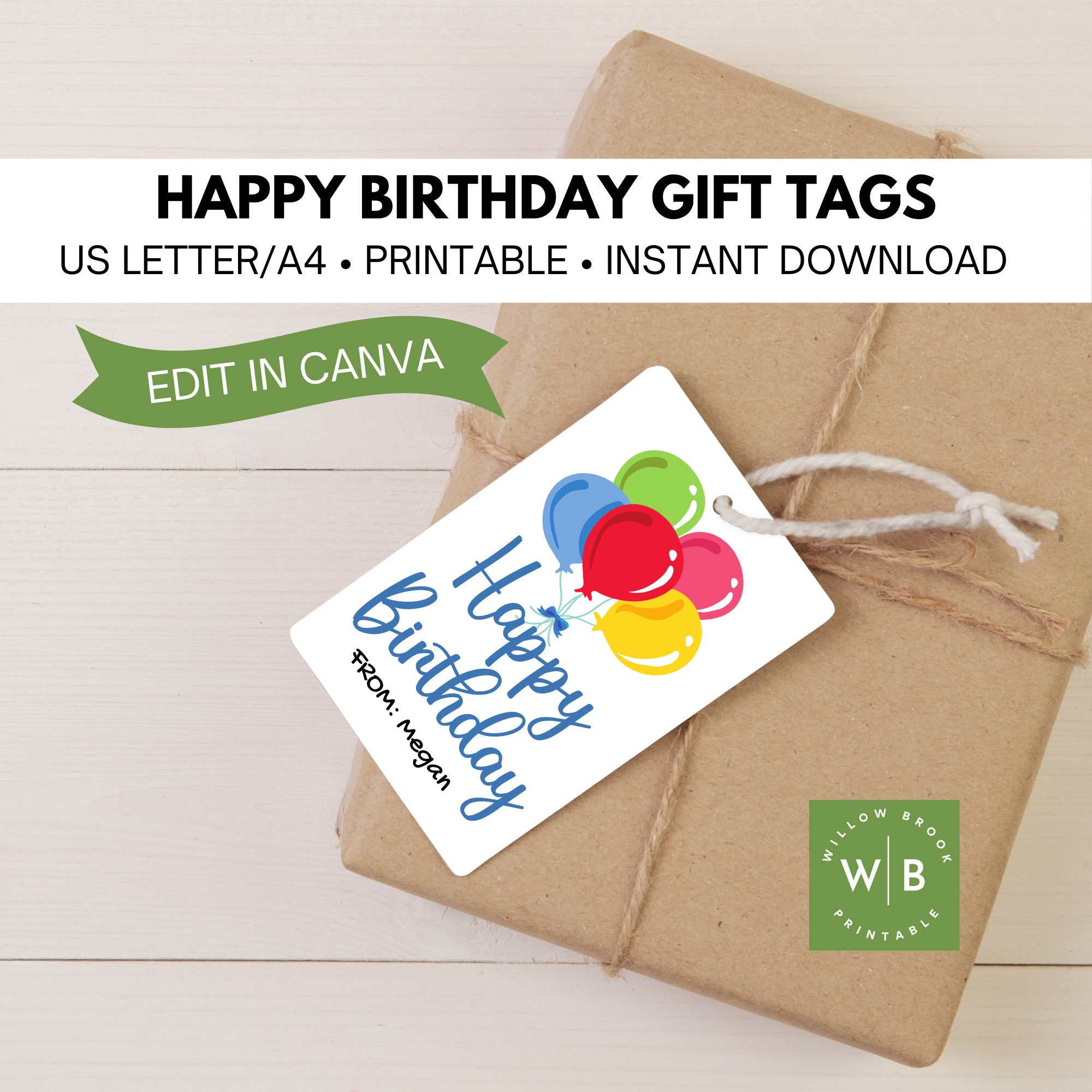 Rainbow Balloons Happy Birthday Tag, Printable Canva Gift Tags ...