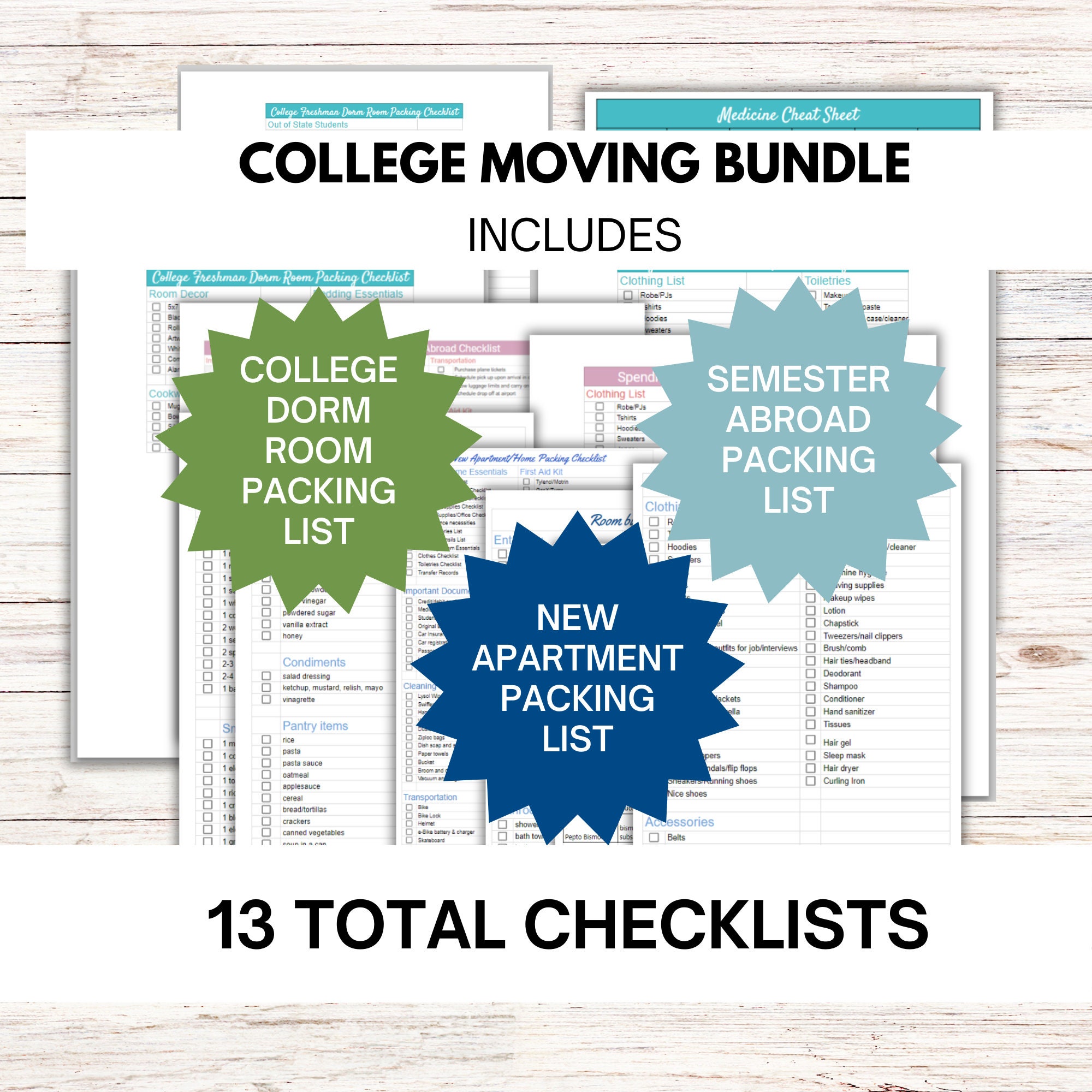 College Student Moving Bundle, Dorm Room, First Apartment, Study Abroad Checklists - Etsy
