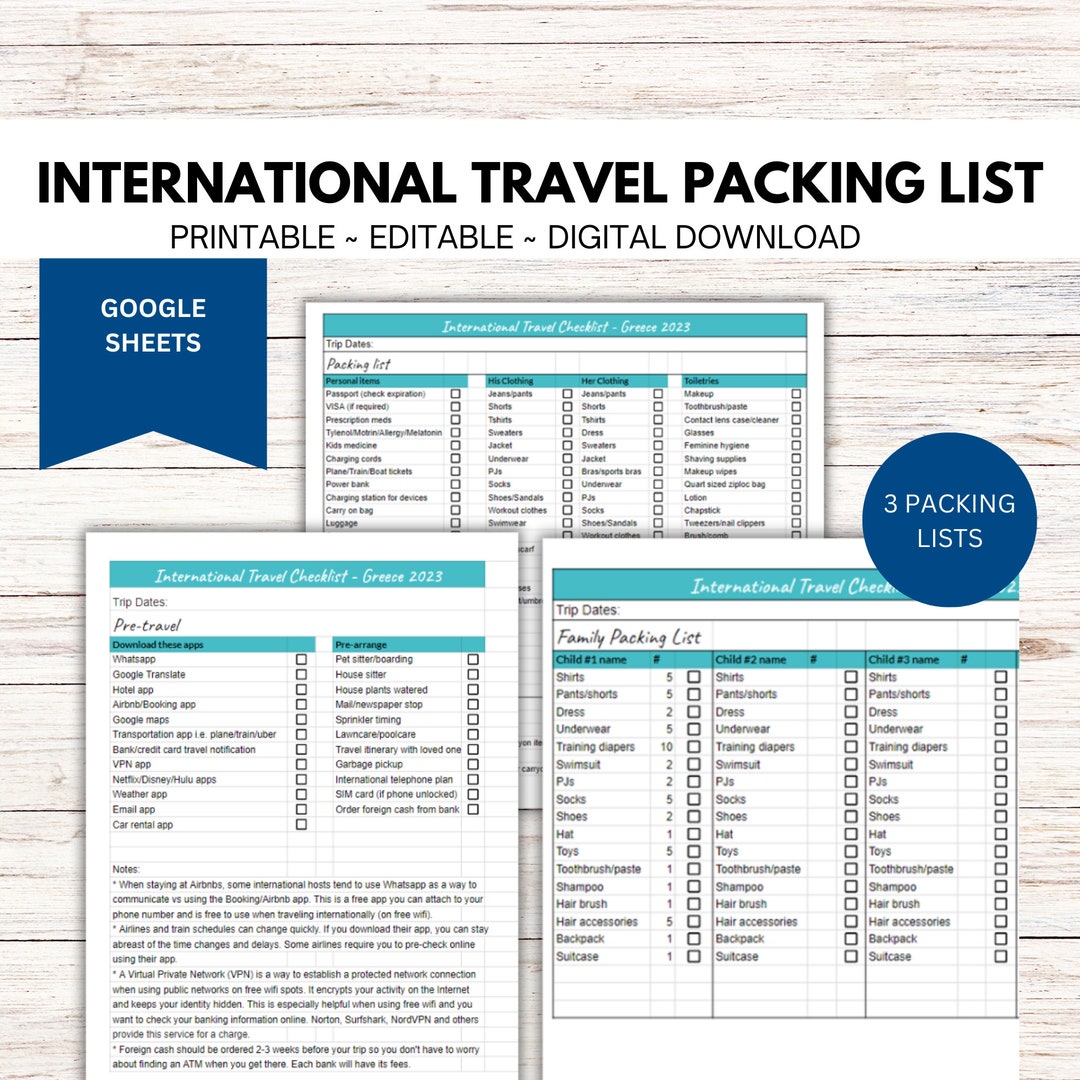 International Packing List Template, Google Sheets, Packing List - Etsy