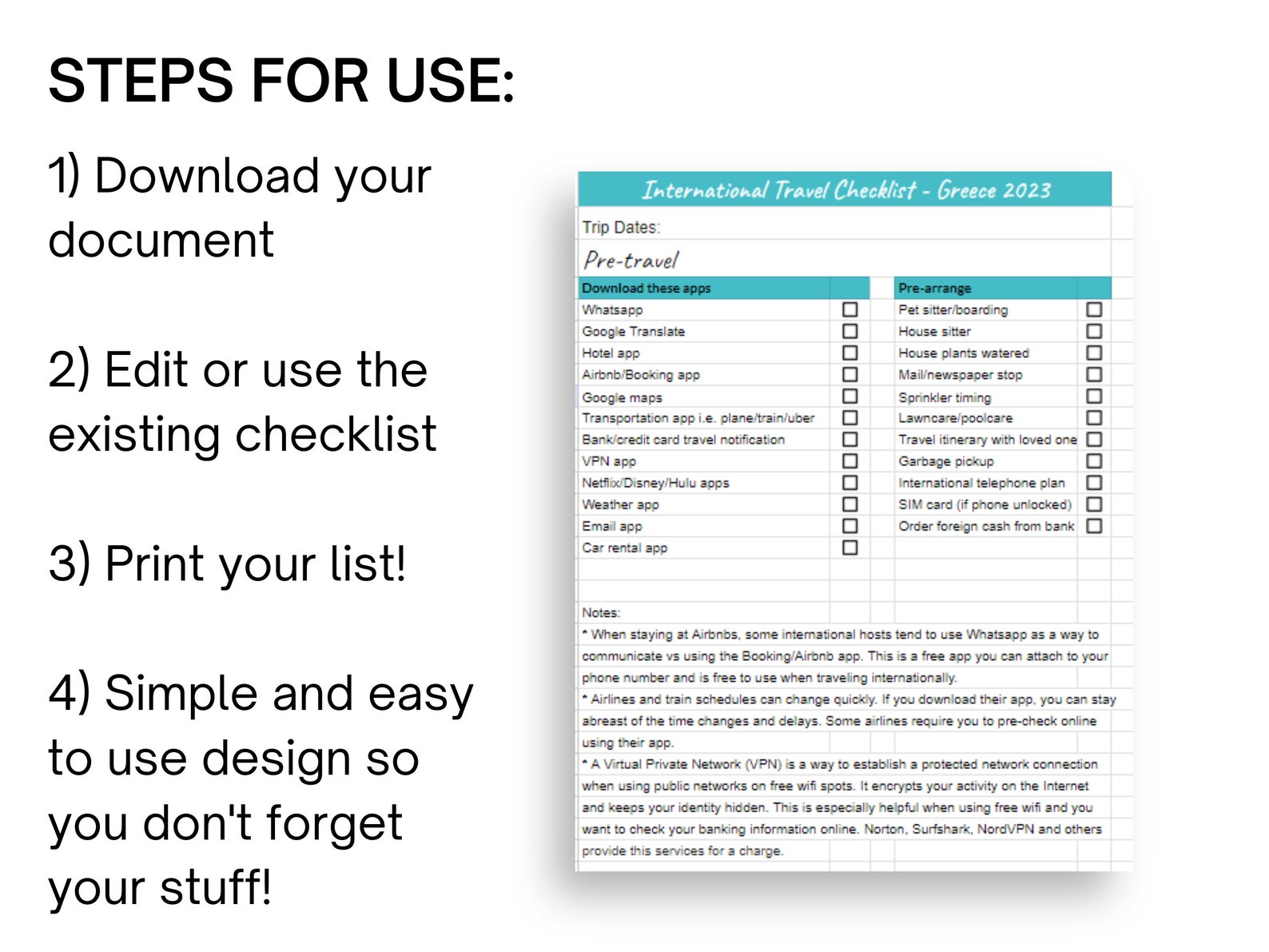 International Packing List Template, Google Sheets, Packing List - Etsy