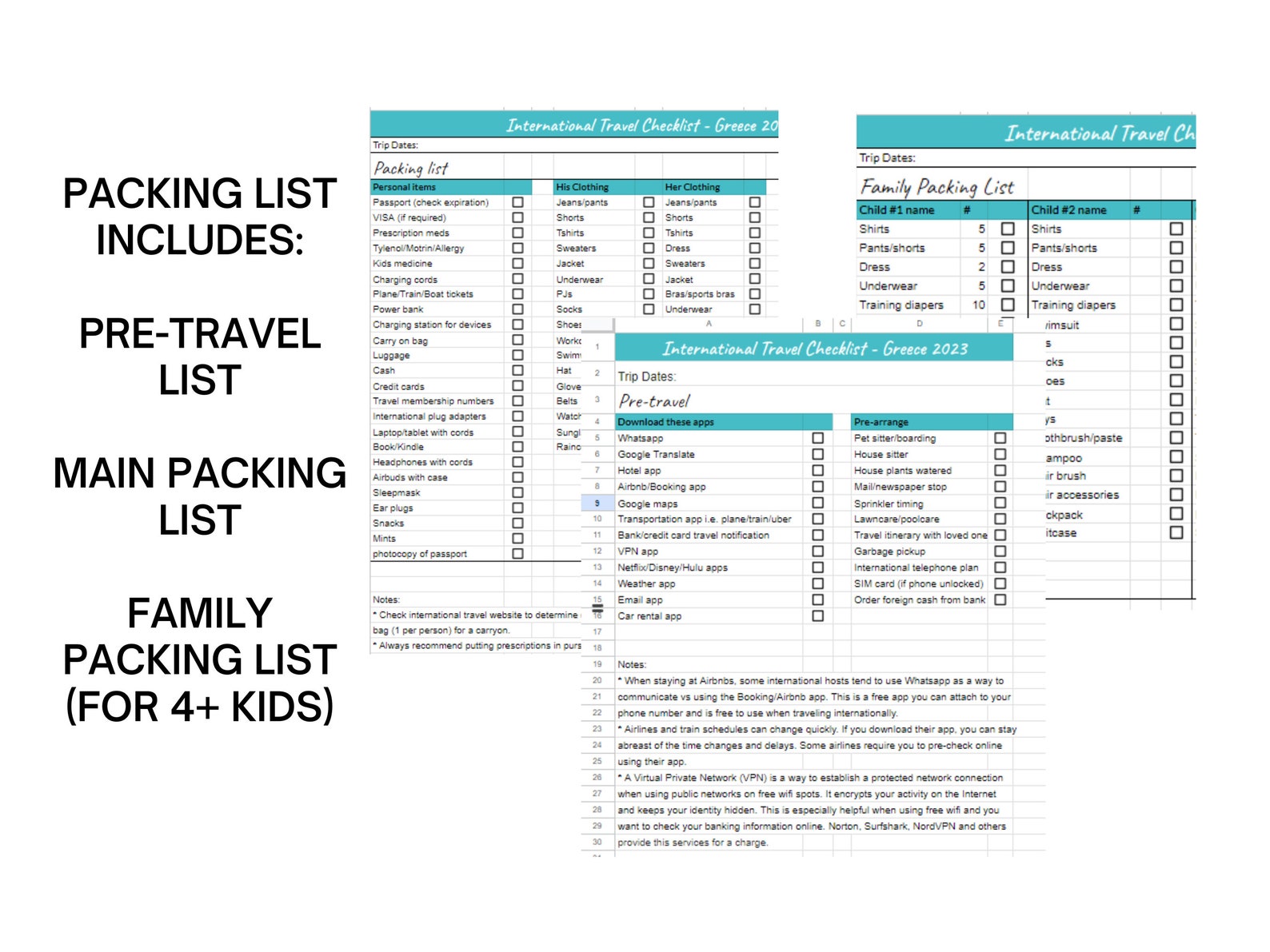 International Packing List Template, Google Sheets, Packing List - Etsy