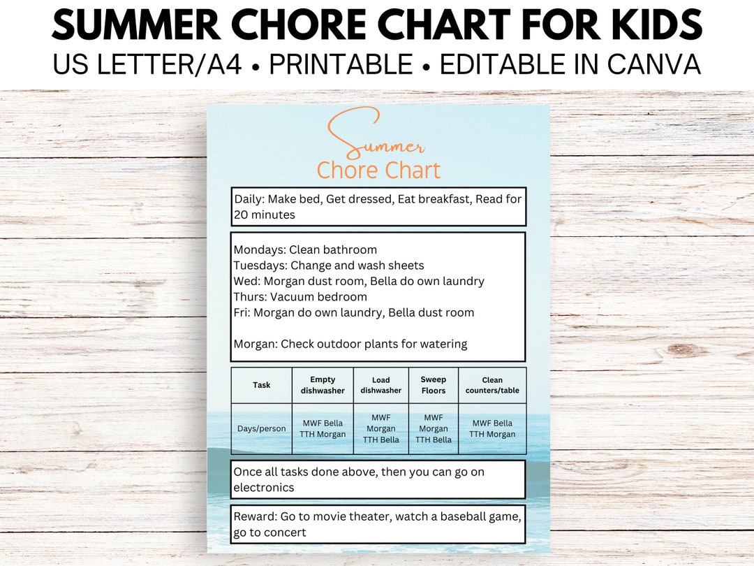 Summer Chore Chart for Kids Editable in Canva Printable Teen - Etsy