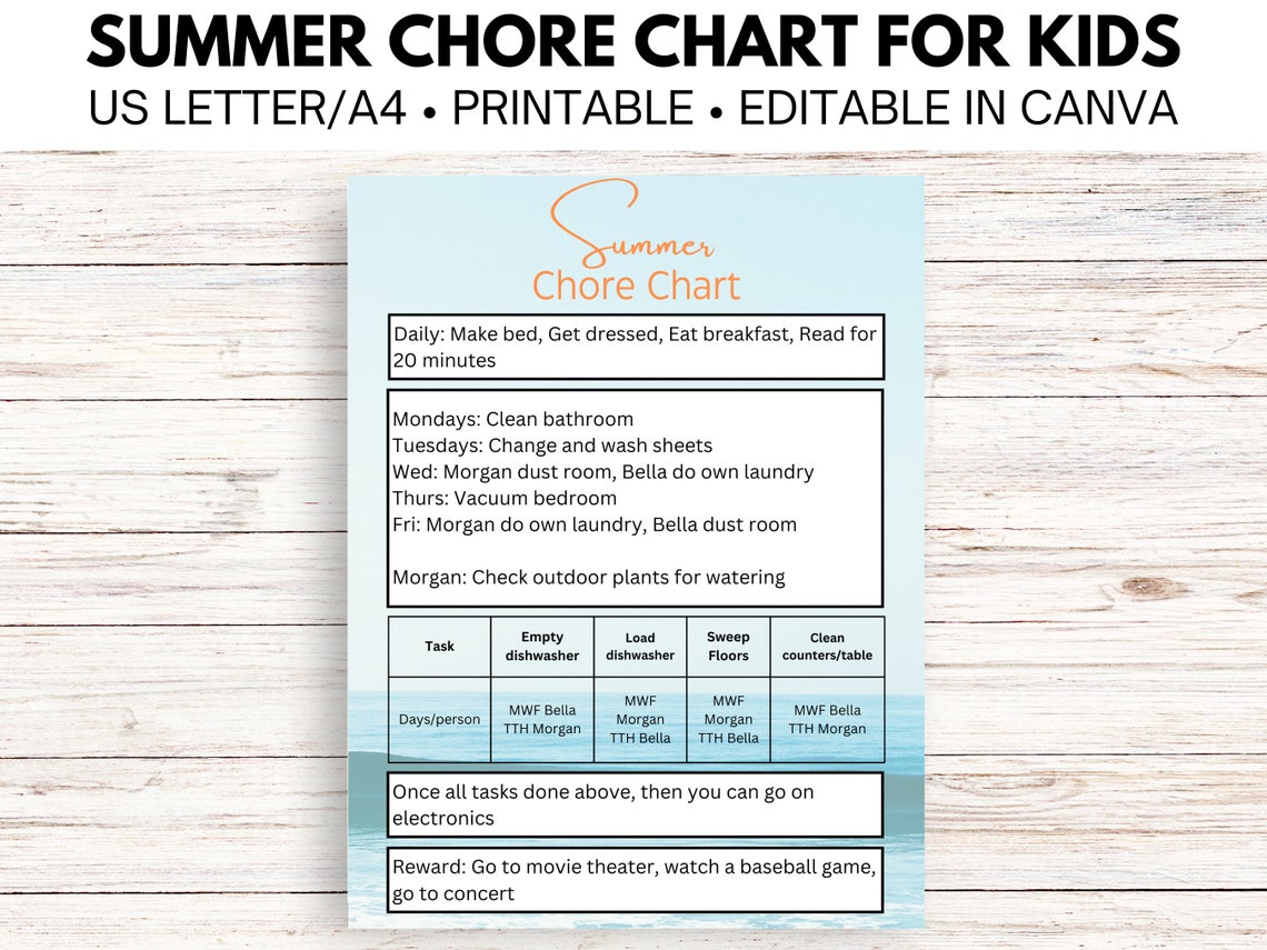 Summer Chore Chart for Kids Editable in Canva Printable Teen - Etsy