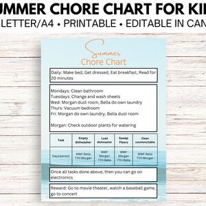 Summer Chore Chart for Kids Editable in Canva Printable Teen - Etsy