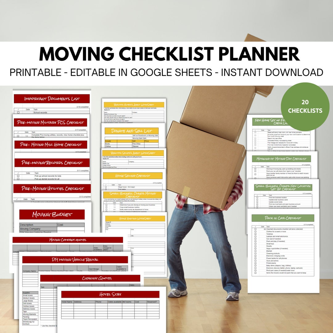Moving Checklist Planner Printable Checklist Google Sheets - Etsy