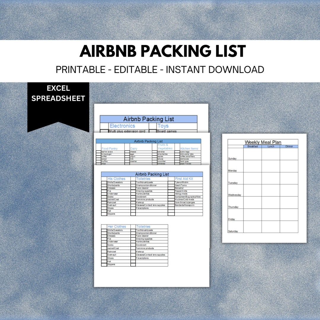 Airbnb Vacation Packing Checklist, Printable Travel Planner, MS Excel ...