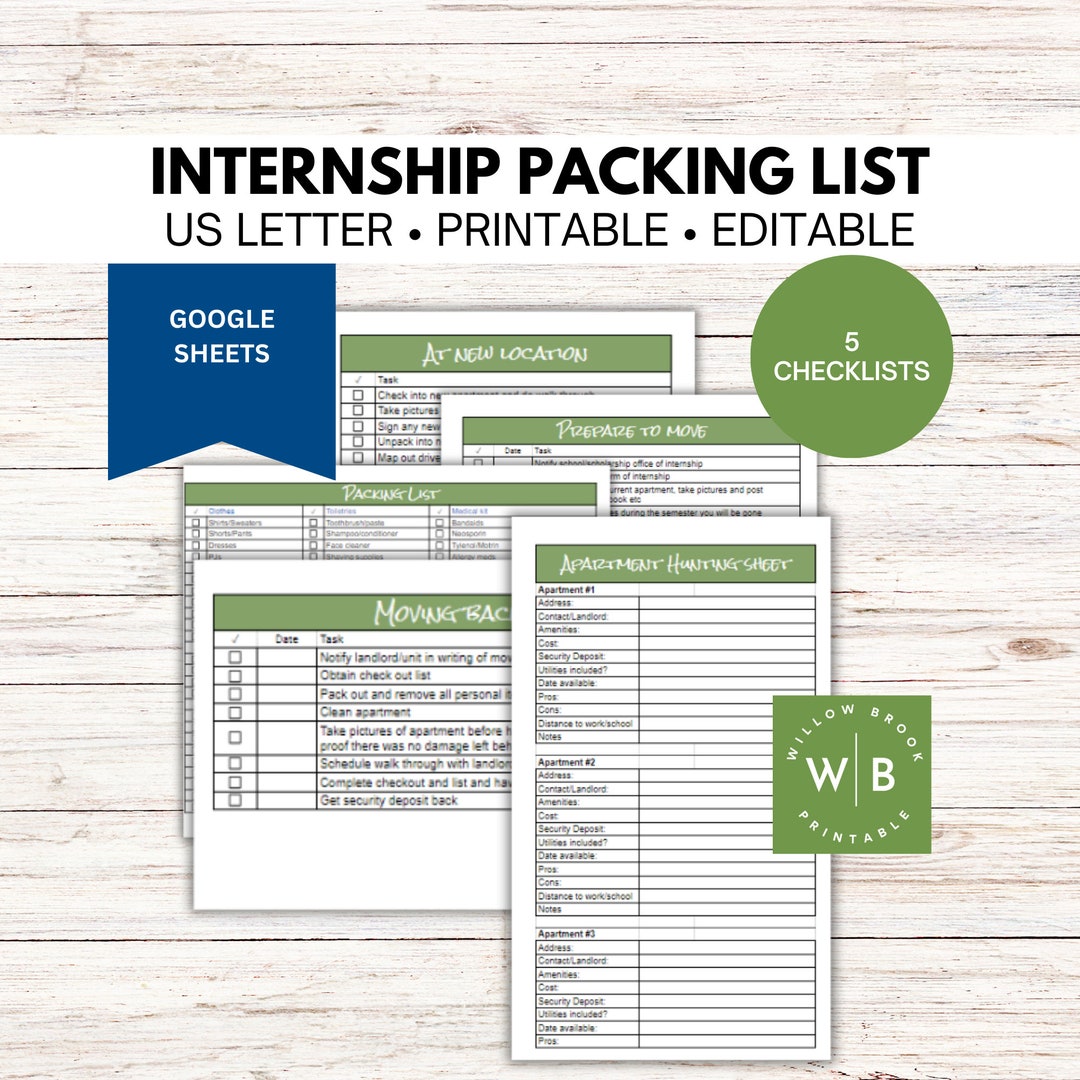 Internship Packing Checklist, Editable Google Sheets Guide for Spring ...