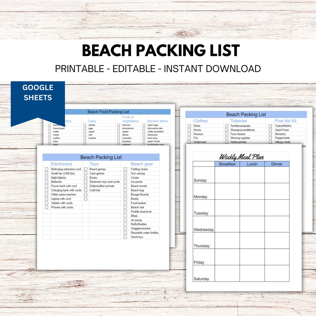 Beach Packing Checklist, Google Sheets, Summer Vacation Packing List - Etsy
