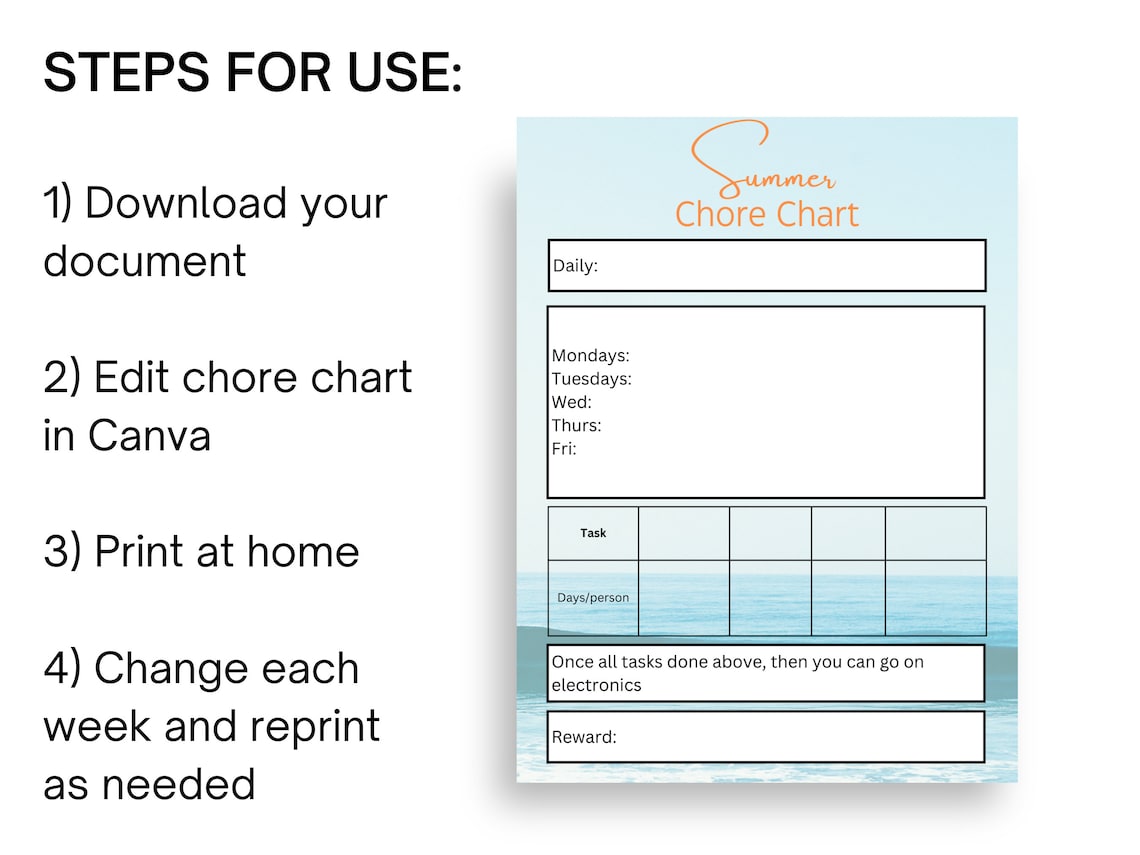 Summer Chore Chart for Kids, Editable in Canva, Printable Teen Chore ...
