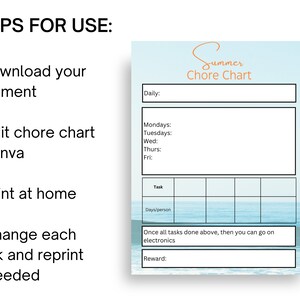 Summer Chore Chart for Kids, Editable in Canva, Printable Teen Chore ...