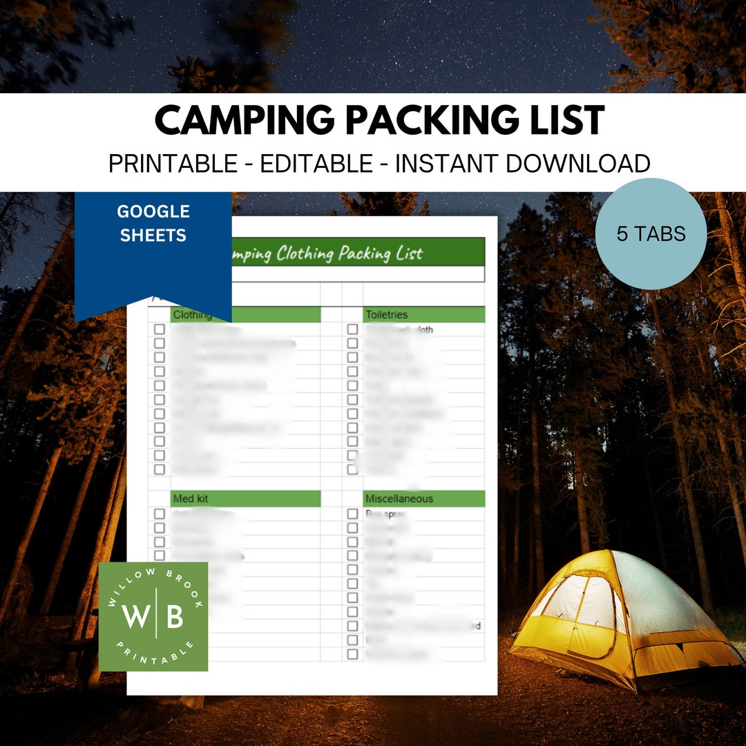 Tent Camping Packing Checklist, Google Sheets, Outdoor Recreation ...