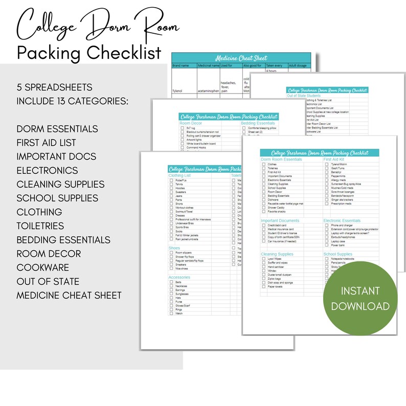 College Freshman Dorm Room Packing List, Printable Checklist, Excel ...