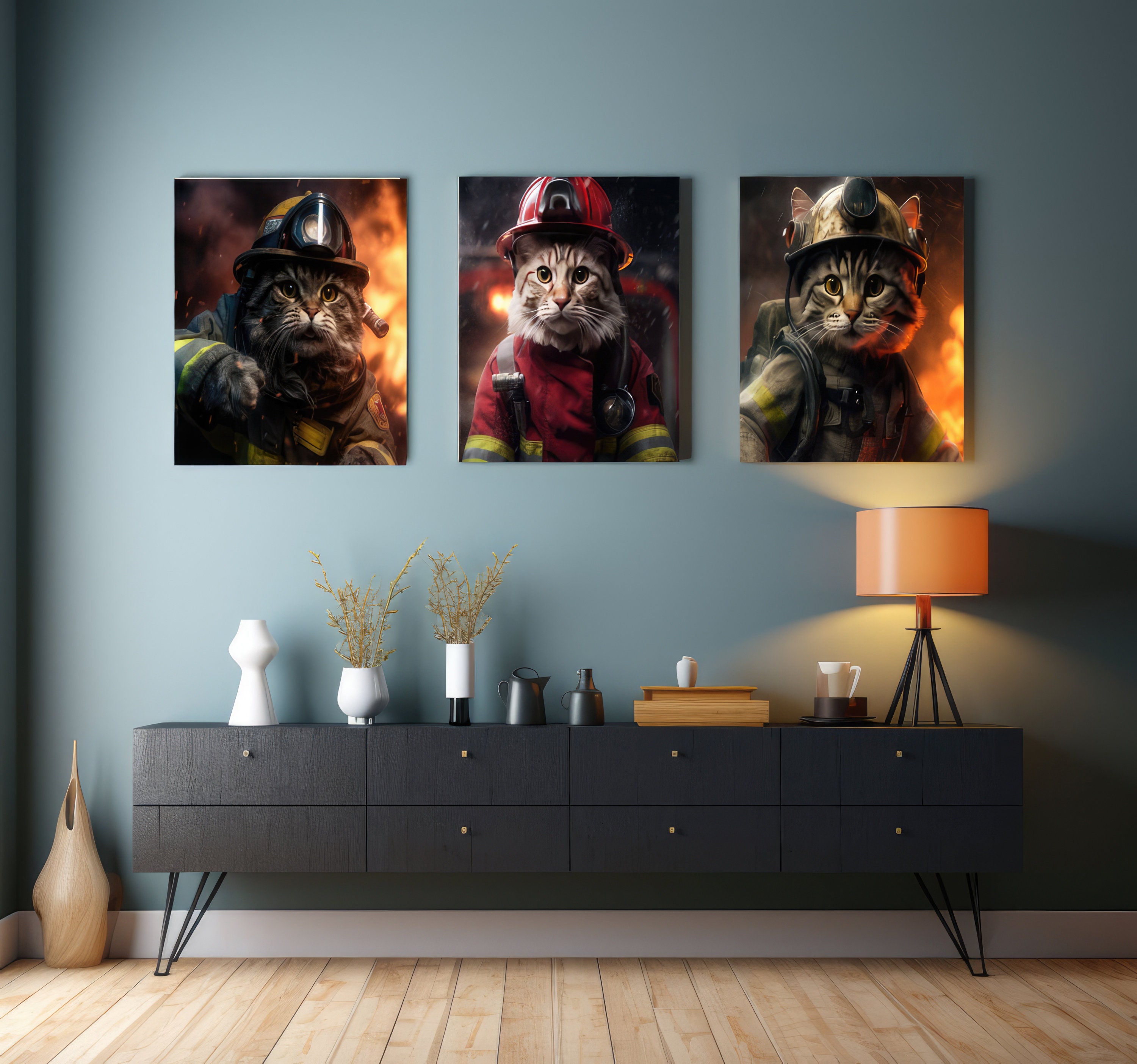 Firefighter Cat Wall Art Canvas Print, Cat Art, Funny Cats, Cat Canvas ...