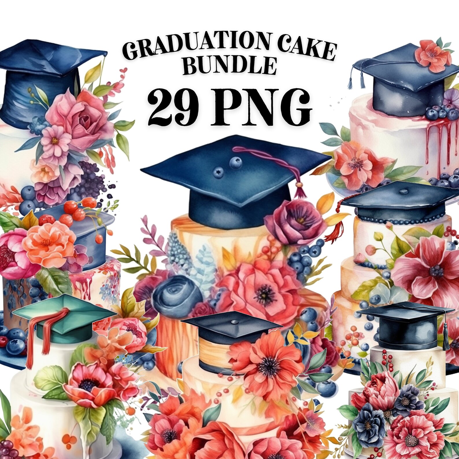 GRADUATION CAKE CLIPART Bundle 29x Png Watercolor Grad Floral ...