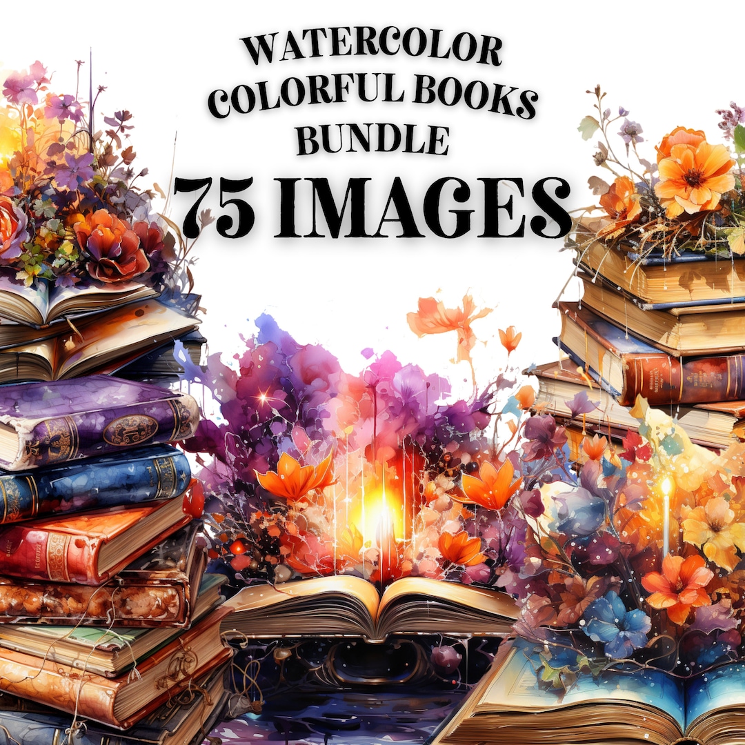 COLORFUL BOOKS CLIPART Bundle 75x Png - Watercolor - Bookworm Fantasy ...