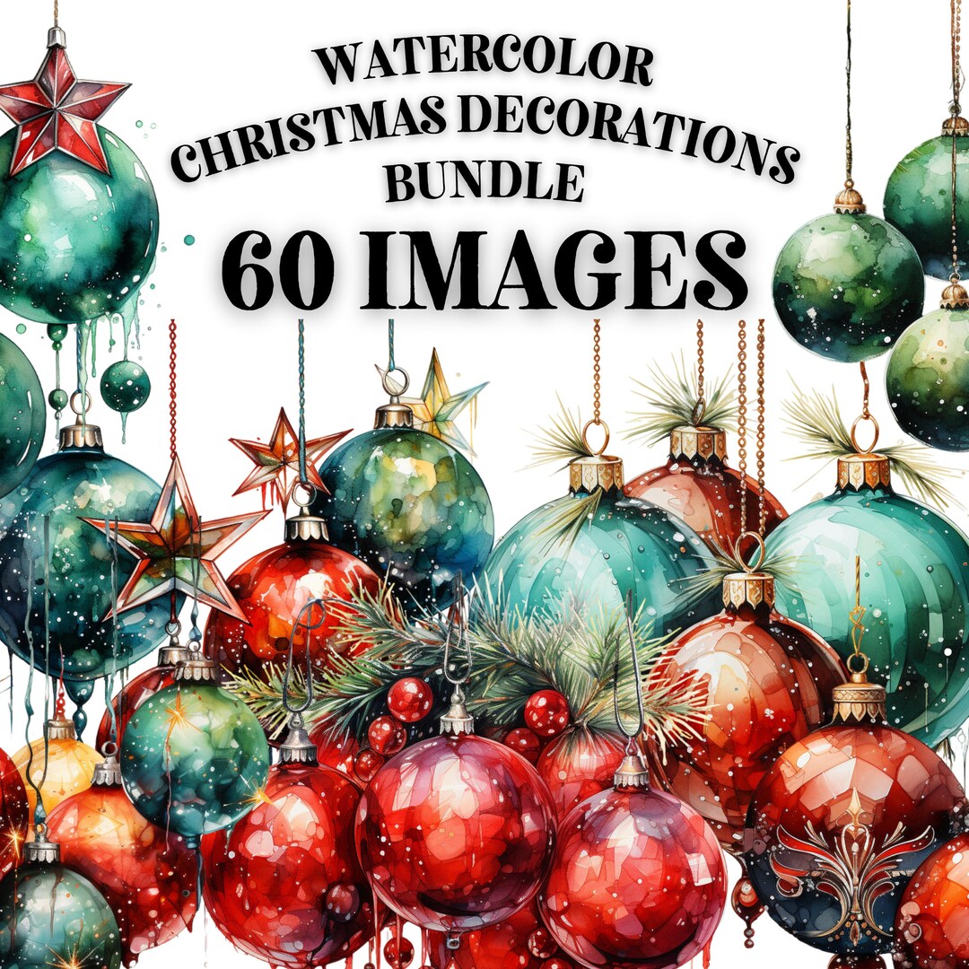 CHRISTMAS DECORATIONS CLIPART Bundle 60x Png - Watercolor - Holidays ...