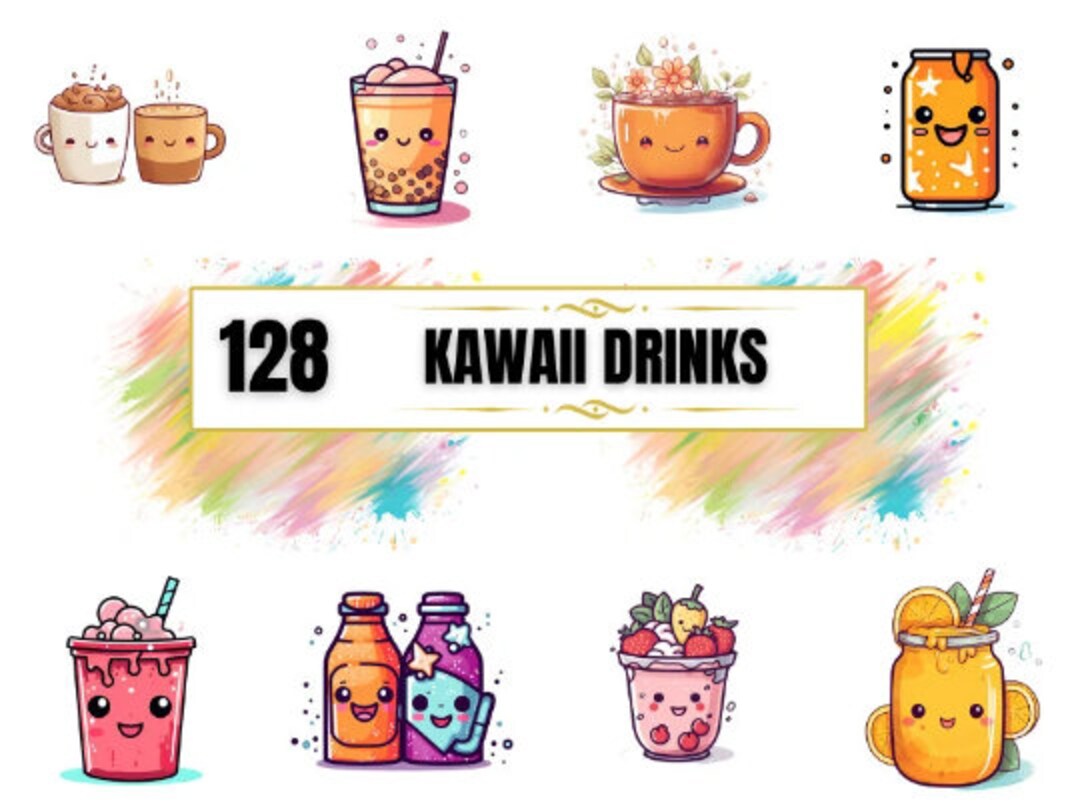 Kawaii Drinks Clipart Bundle - 128x Cute Kawaii PNG Clipart Tea Coffee ...