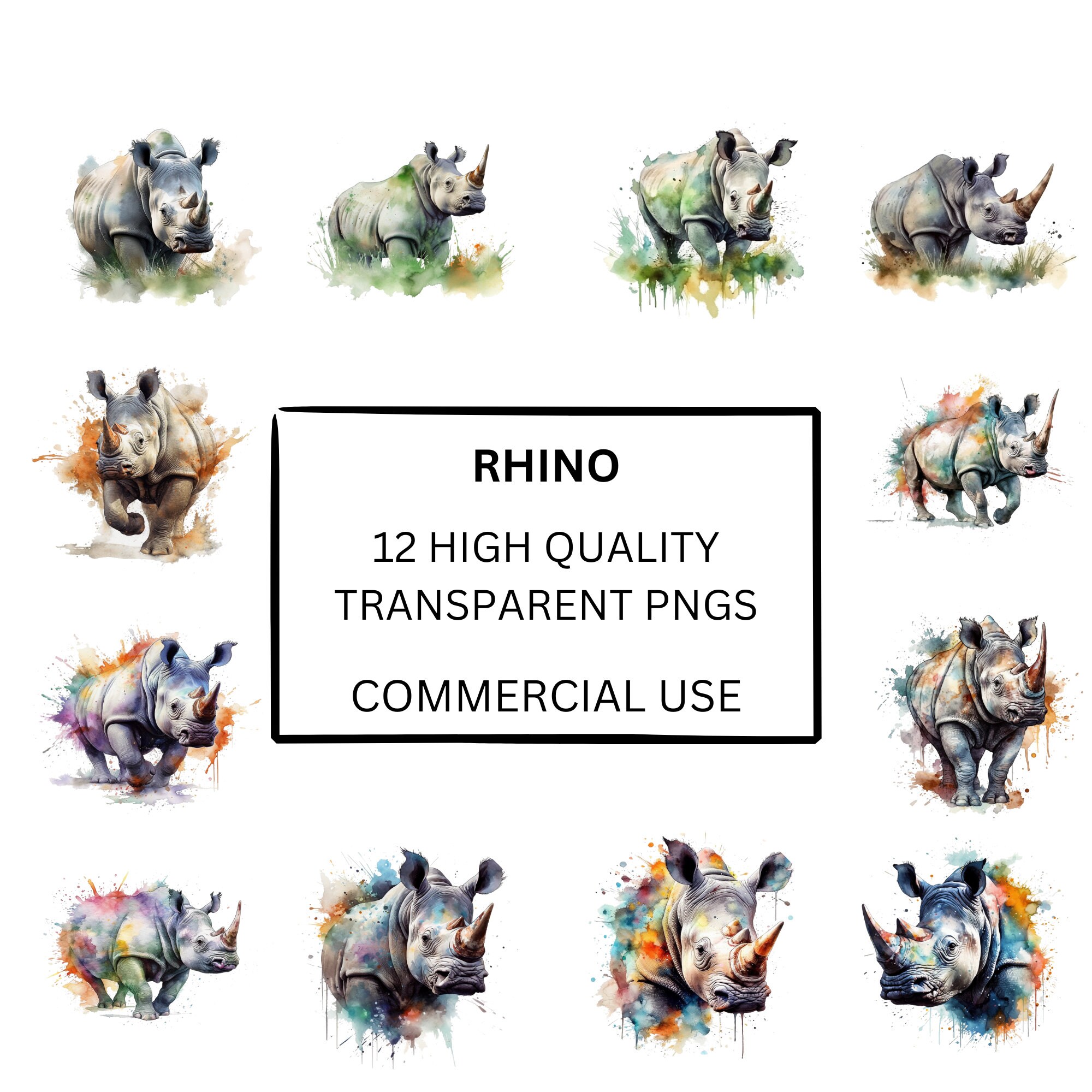 RHINO PNG Water Color CLIPART 12pc Jungle Animals Png - Etsy